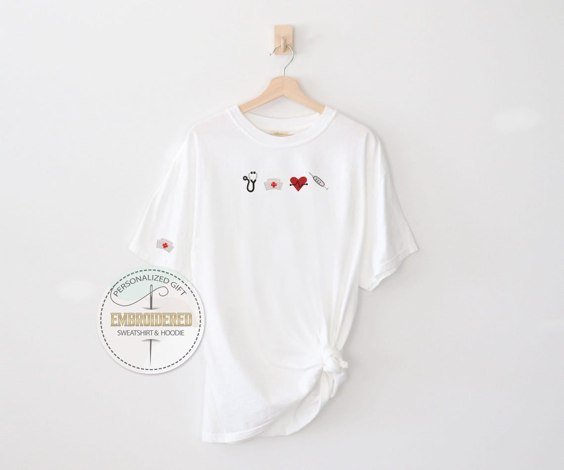 Nuvello Nurse Life Embroidered Shirt, Stethoscope Pocket Tee, Nurse Hat ...