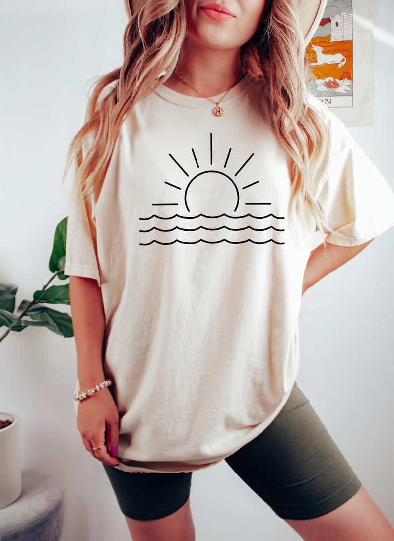 Nuvello Ocean Sunset Line Art Tee, Summer Sea Wave Shirt, Minimal Sun ...