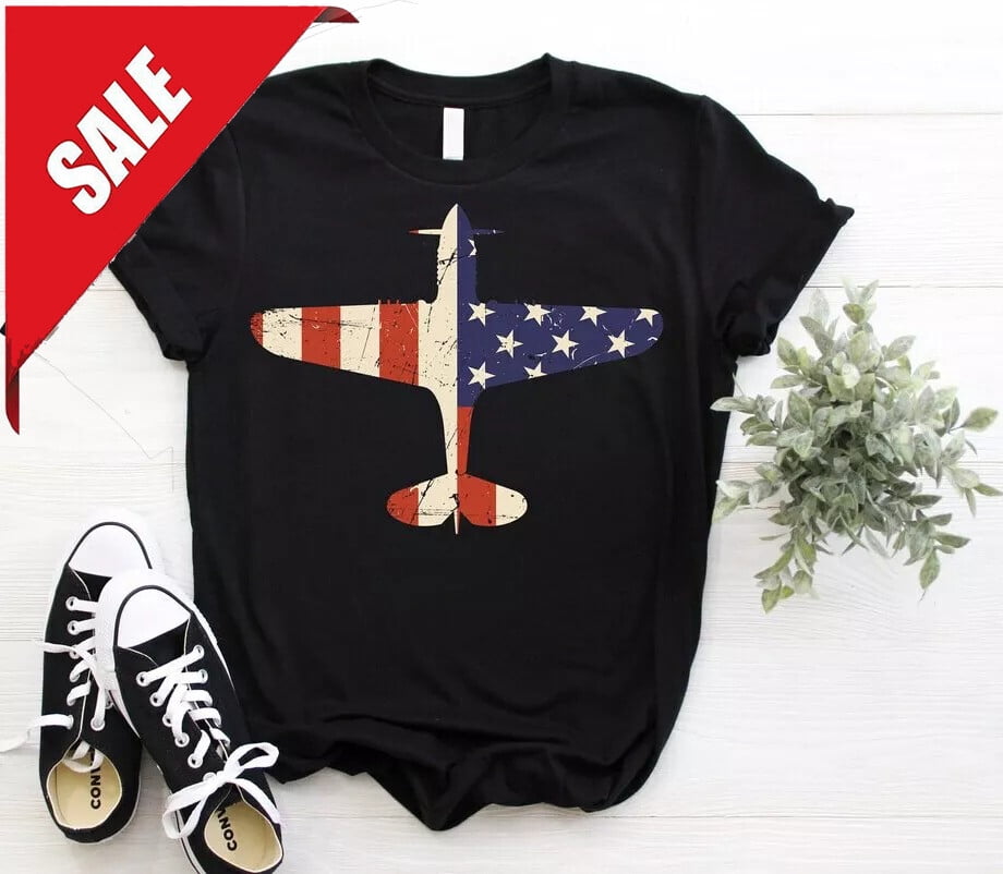 Nuvello Pilot Airplane American Flag Vintage T-Shirt, Aviation Shirts ...