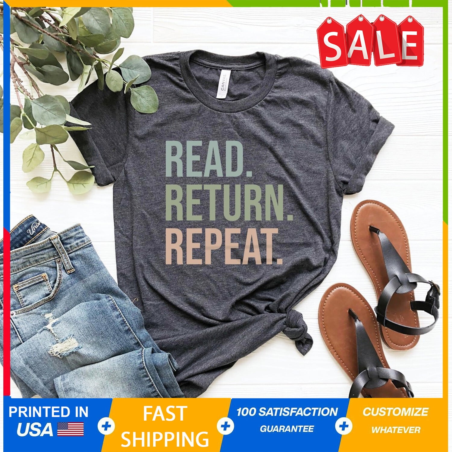 Nuvello Reading Shirt, Read Return Repeat Shirts, Library Shirt ...