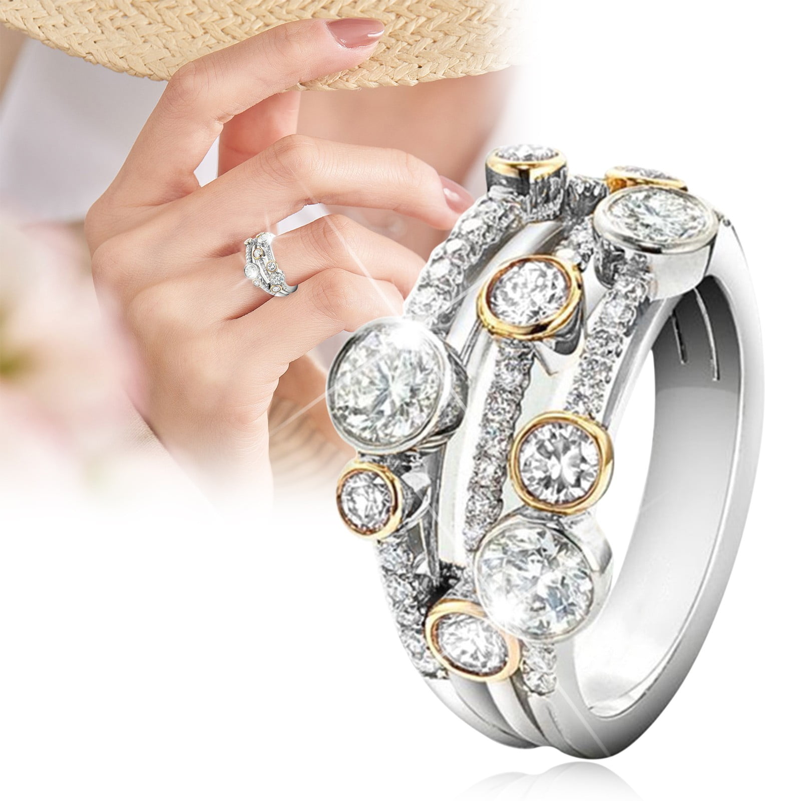 Nuyoaher Rings That Don'T Tarnish Two tone Zircon Ring with Hollow ...
