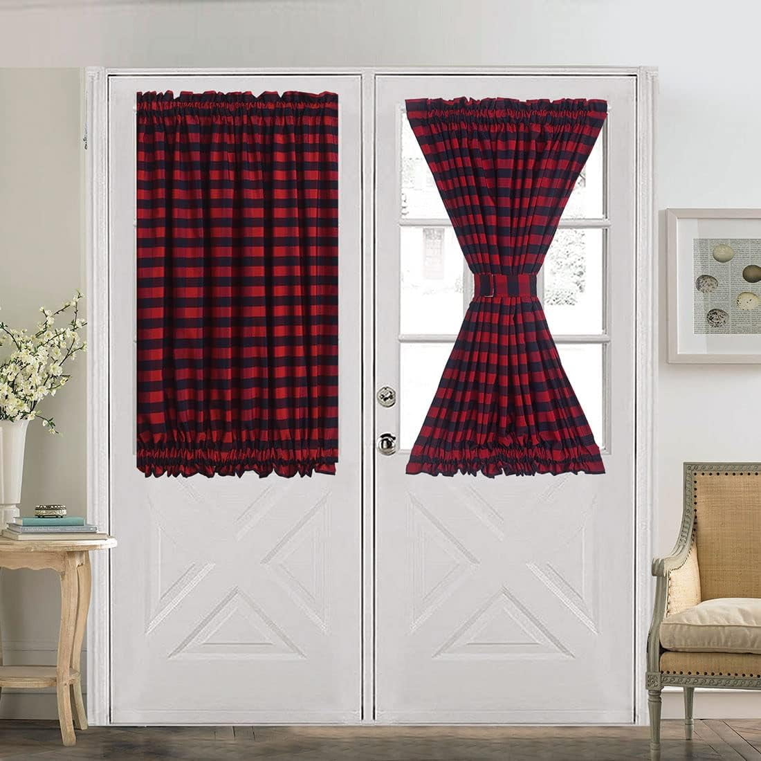 Nvzi Black and Red Buffalo Check Door Window Curtain with Tieback Rod ...