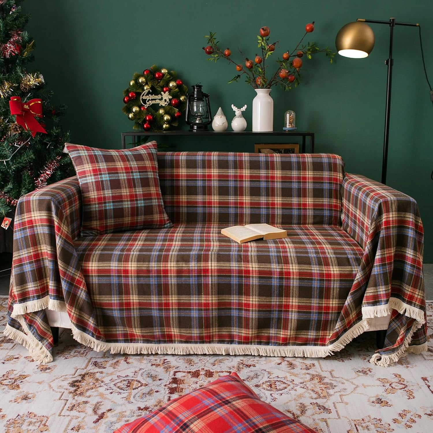 Nvzi Christmas Couch Cover - Modern Coffee Plaid Jacquard Sectional ...