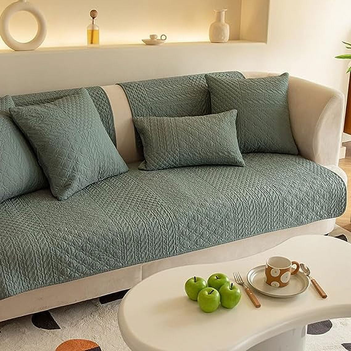 Nvzi Farmhouse Geometric Embroidered Couch Sofa Cover Cotton Quilted ...