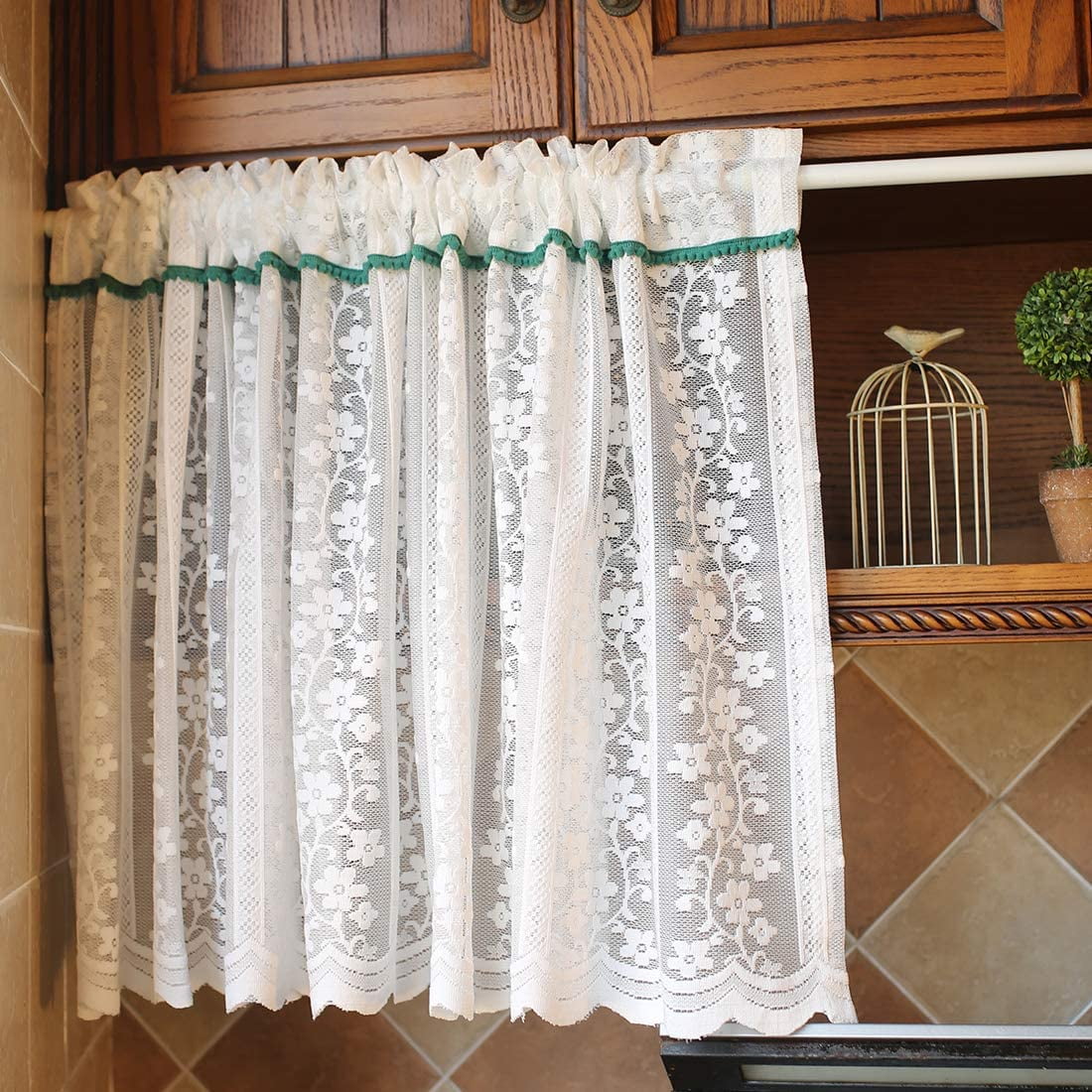 Nvzi Floral Embroidery Semi Sheer Cafe Kitchen Tier Curtain with Green ...
