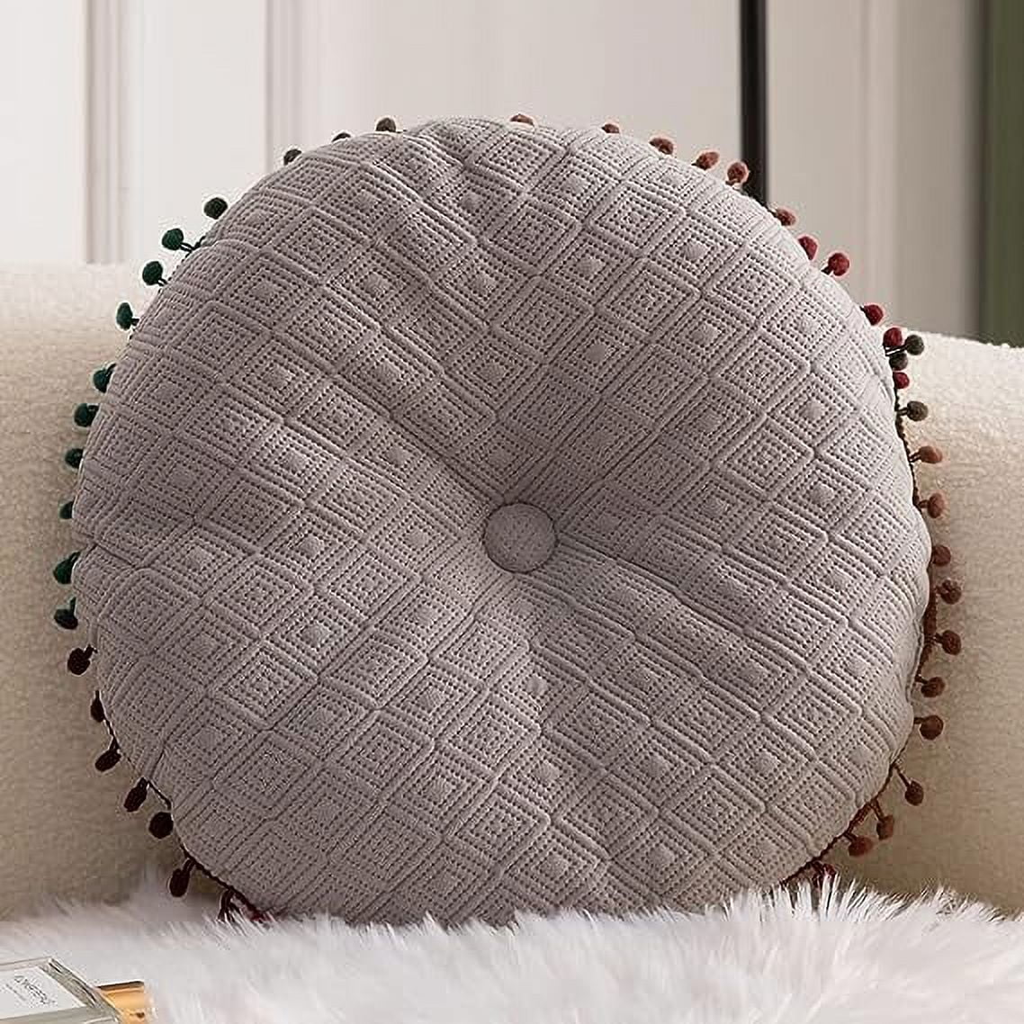 Nvzi Geometric Pattern Soft Round Chair Pad with Gradient Pom Pom Chair ...