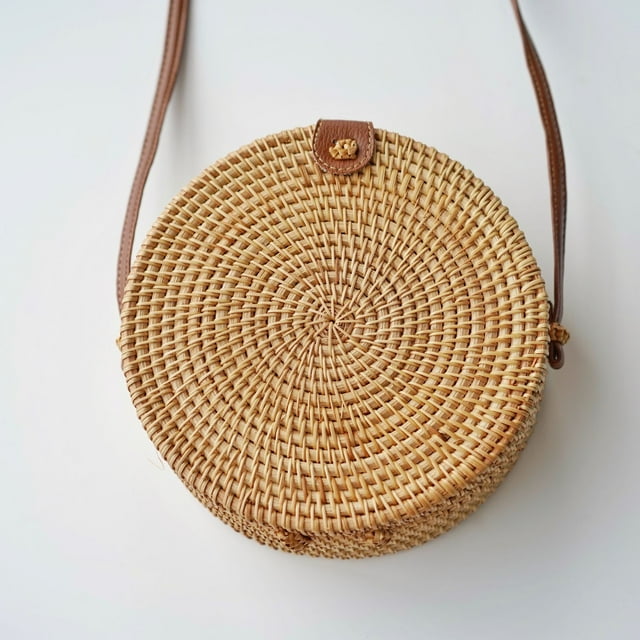 Nvzi Handwoven Round Rattan Straw Bag for Women Shoulder Leather Button ...