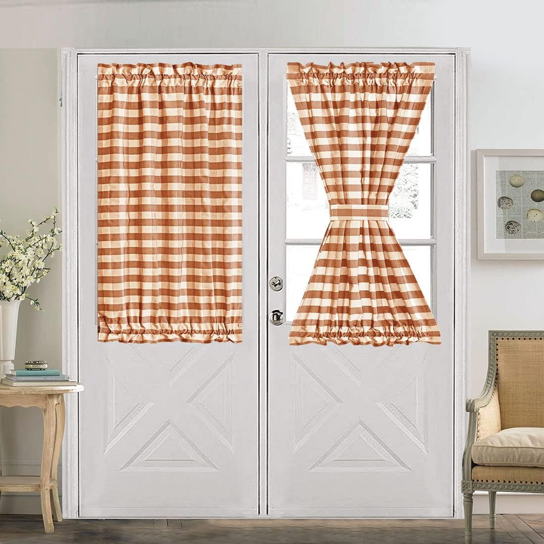 Nvzi Orange and White Buffalo Check Door Window Curtain with Tieback ...