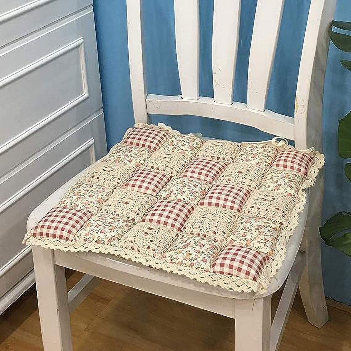 Nvzi Patchwork Chair Pad with Ties No Slip Lace Trim Chair Cushion ...