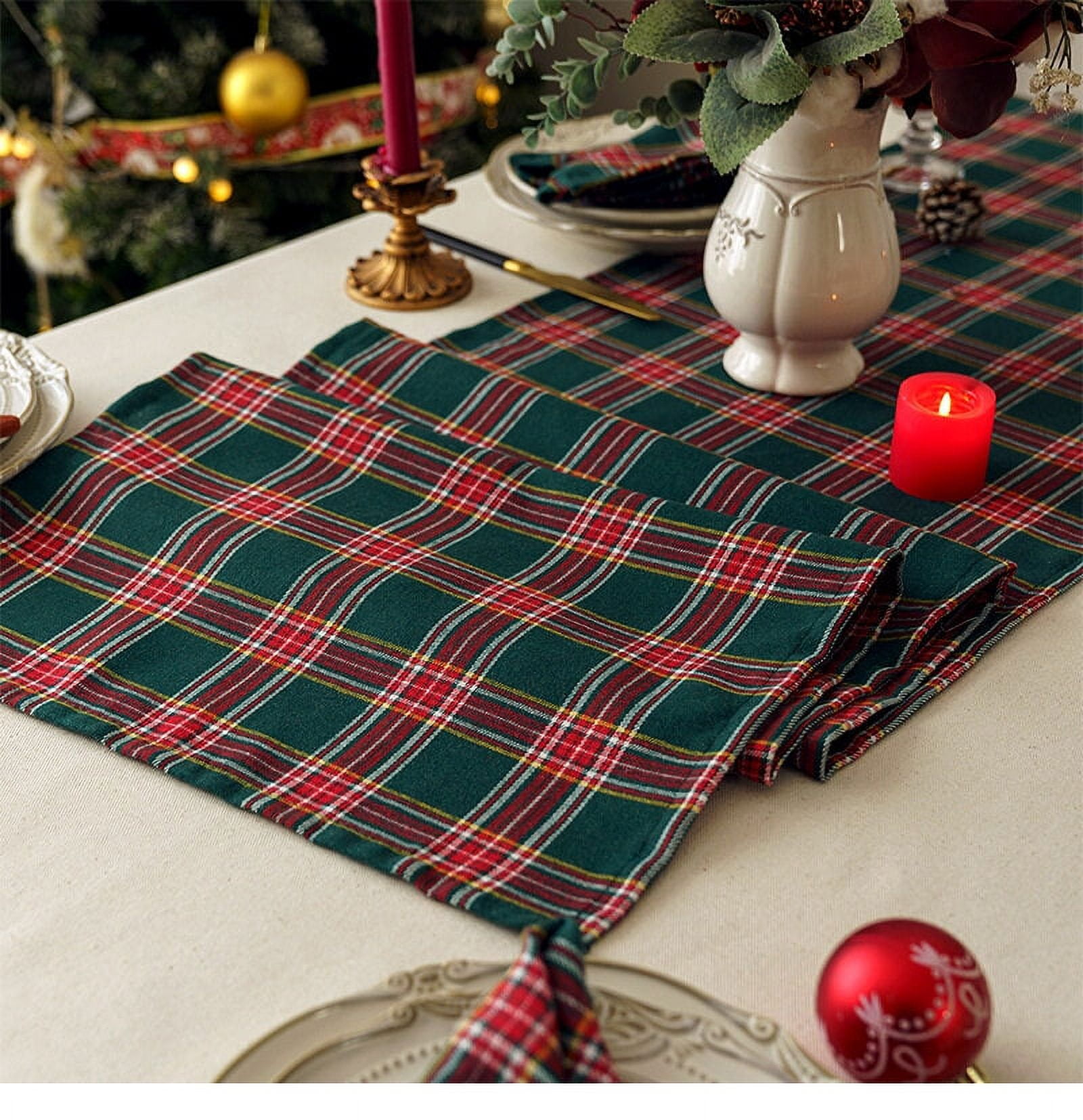 Nvzi Red Green Plaid Christmas Table Runner, 79 inches Long, Farmhouse ...