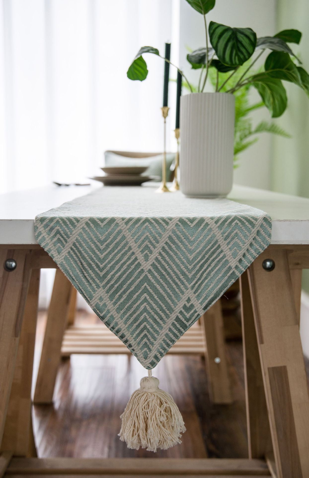 Nvzi Triangle Tassel Table Runner Green Wave Nordic Jacquard Geometric ...