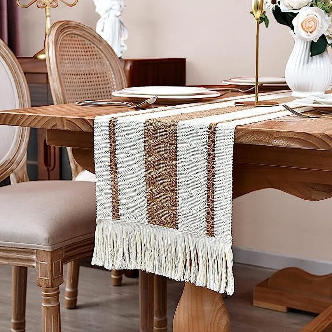 Nvzi -b Home Macrame Table Runner Farmhouse Style - Burlap Cotton ...