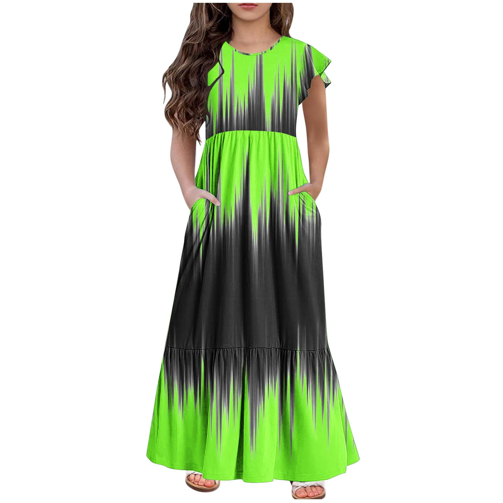 Nxznwn Girls Print Maxi Dress Boho Ruffle Sleeve Pleated Casual Swing ...