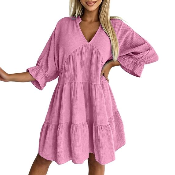 Nxznwn Women's Summer Casual Dress V-Neck Ruffle 3/4Sleeve Tiered Mini ...