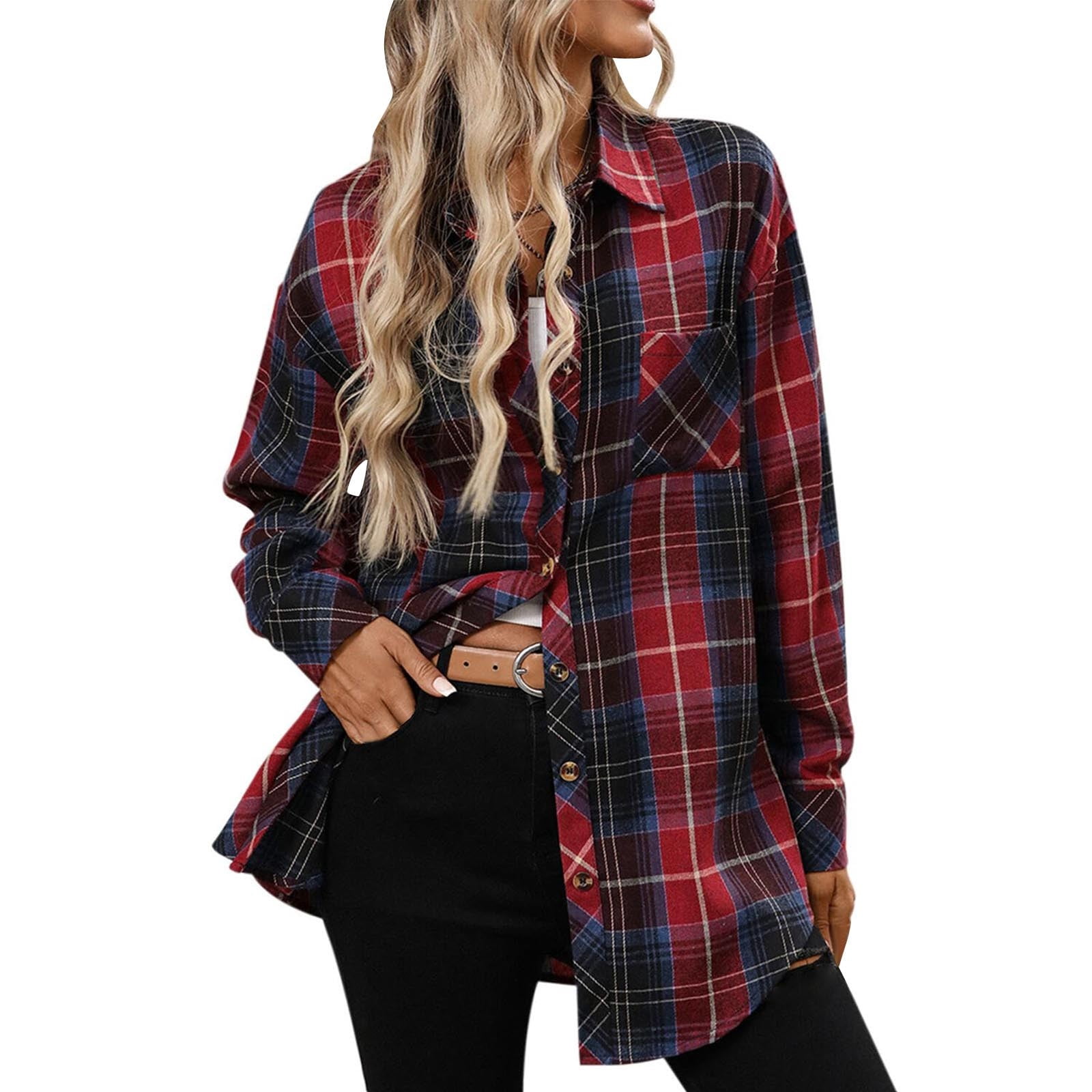Nxznwn Womens Plaid Flannel Shirts Jacket Oversized Button Down Long ...