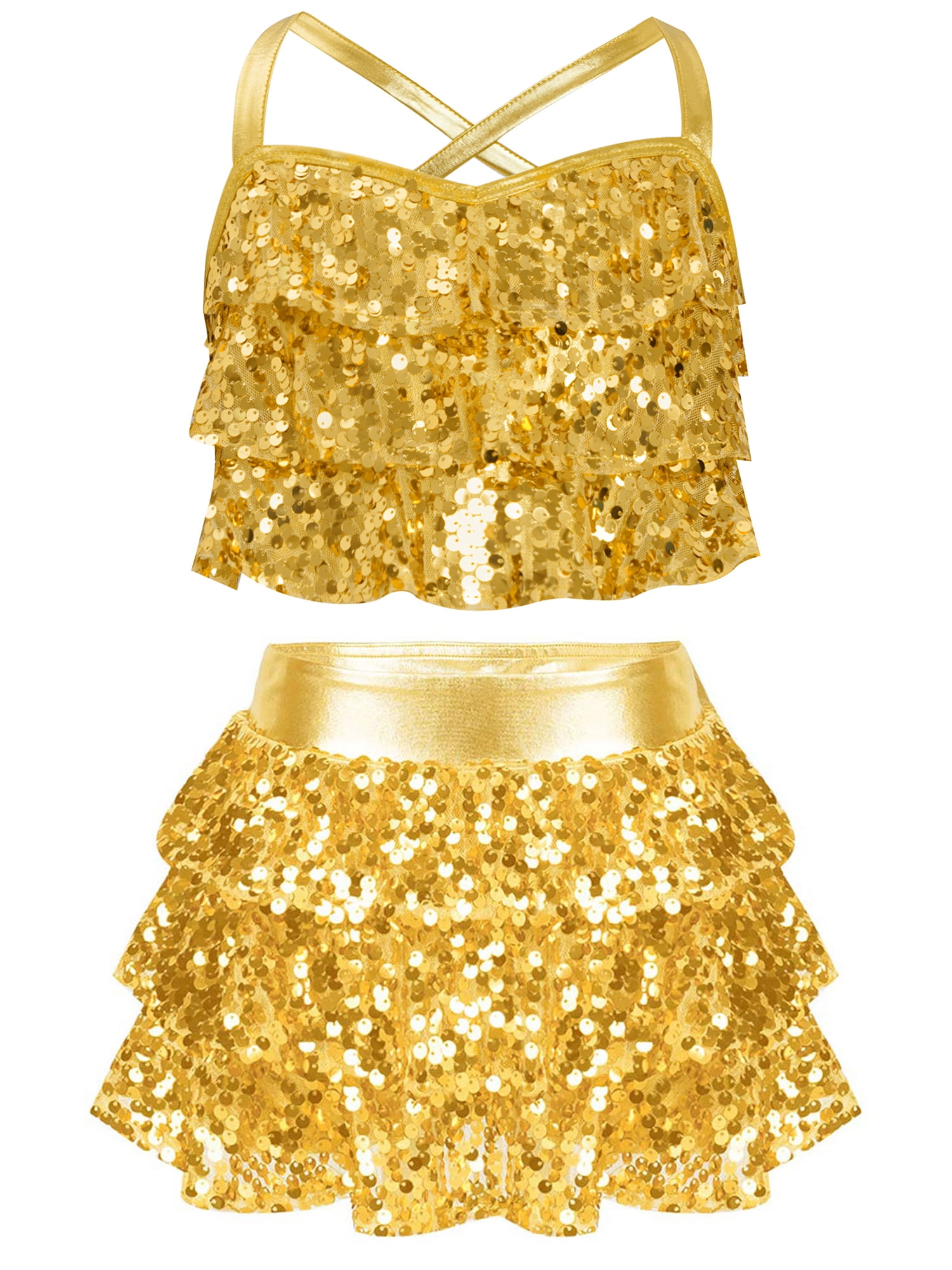 Nyeemya Girls 2 Piece Sequin Ballet Latin Jazz Dance Outfit Metallic ...