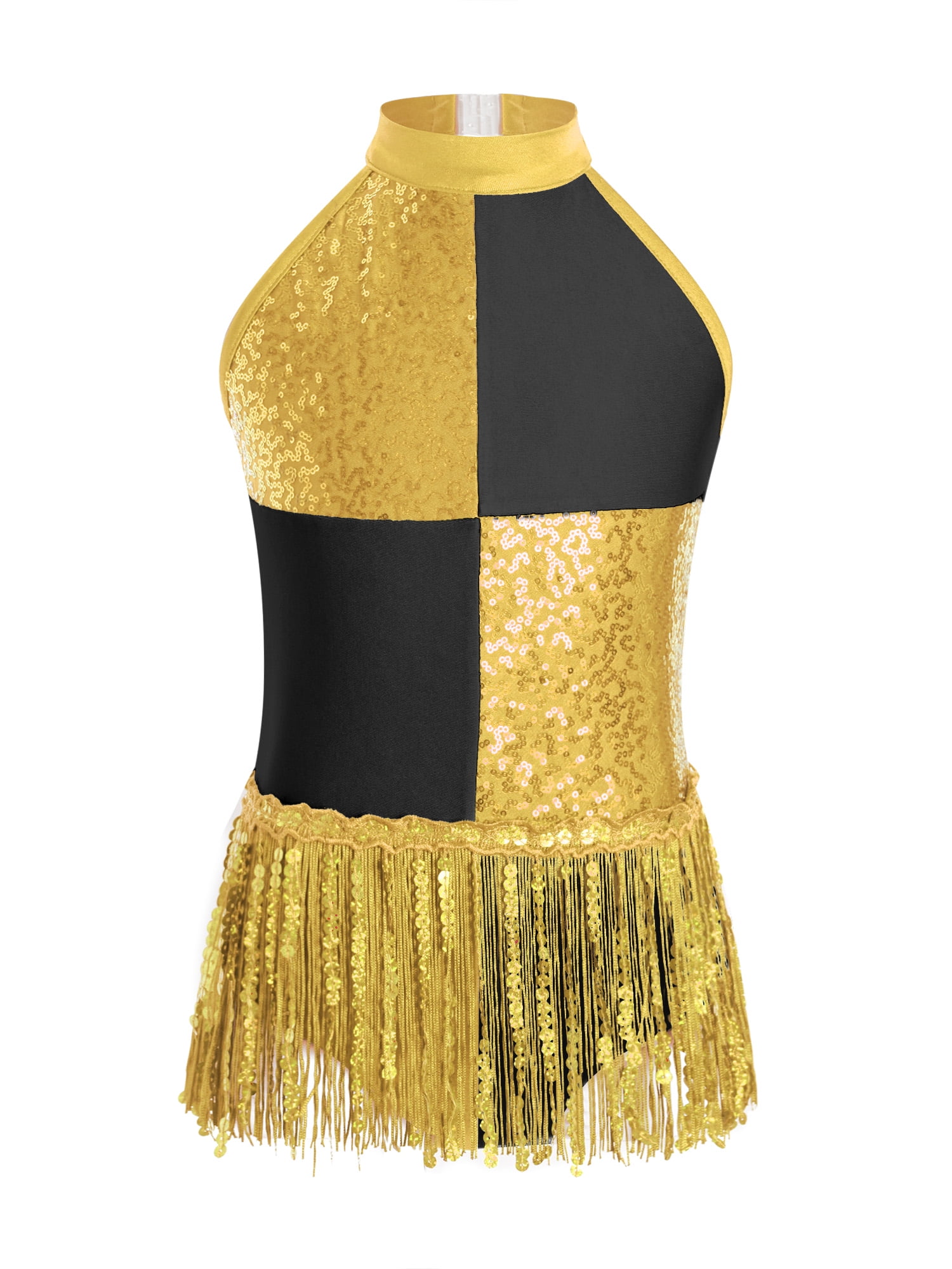 Nyeemya Kids Girls Color Block Latin Dance Leotard Shiny Sequins Tassel ...