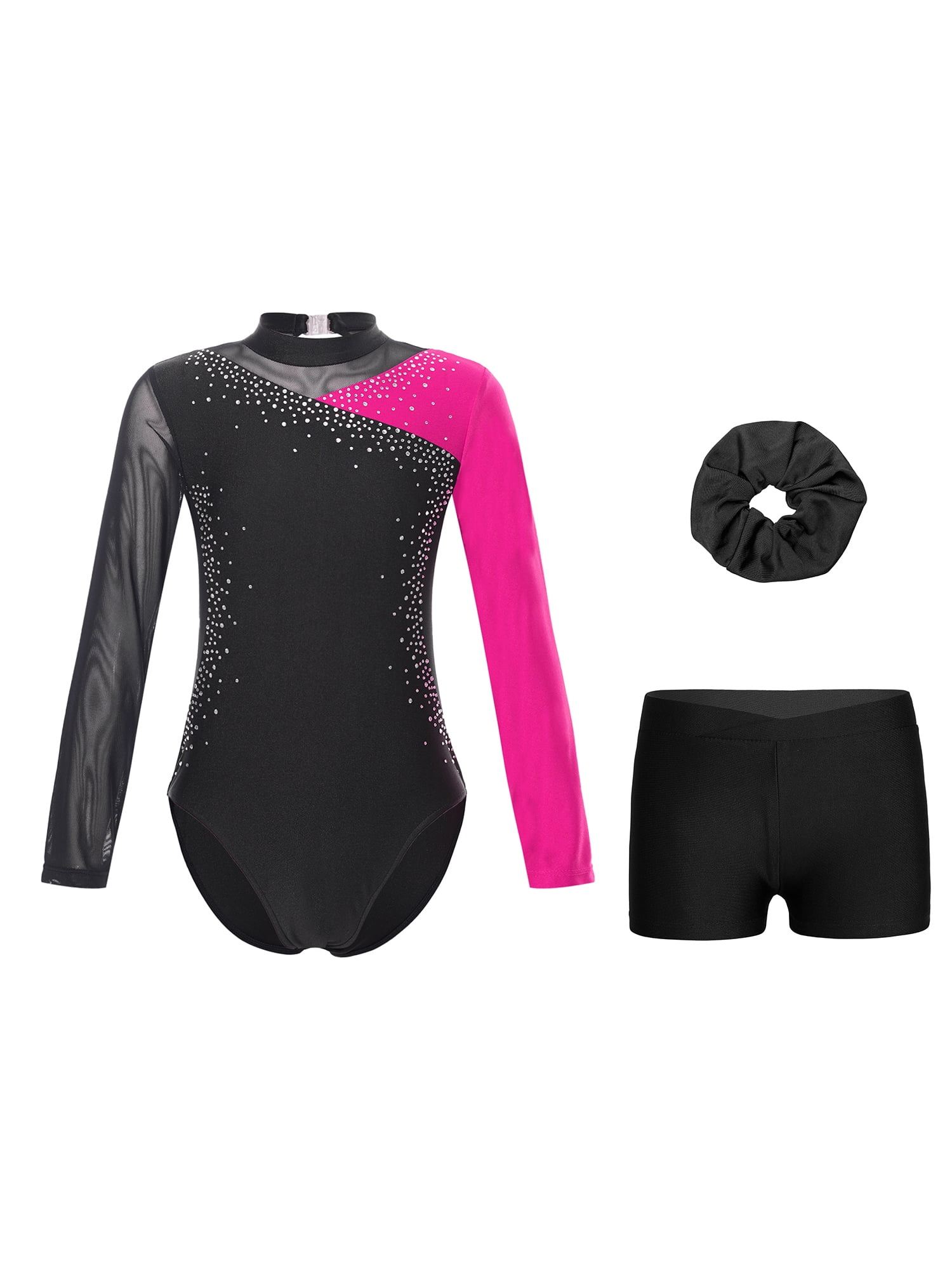 Nyeemya Kids Girls Rhinestones Mesh Color Block Gymnastics Leotards ...