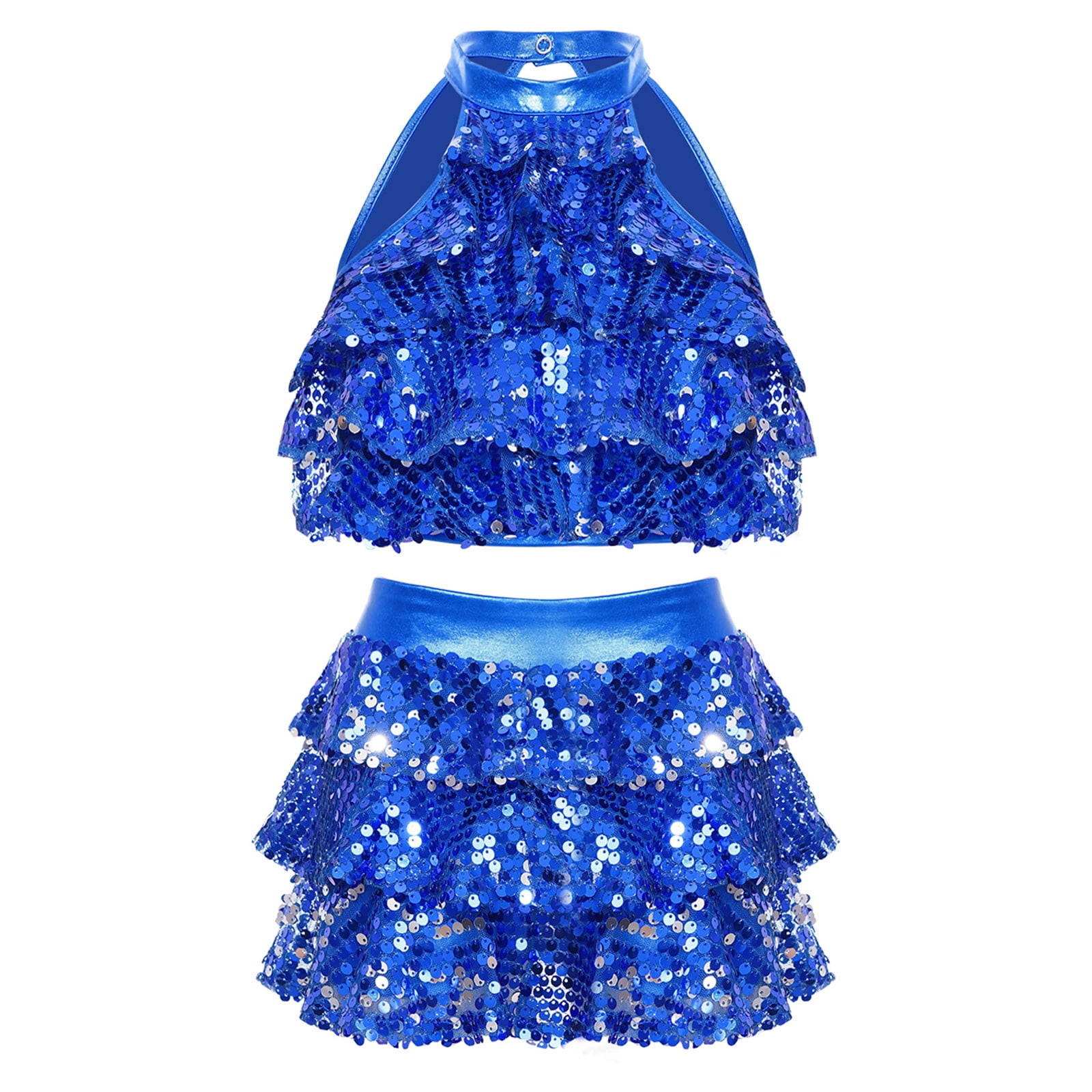 Nyeemya Kids Girls Shiny Metallic Crop Top with Skirt for Ballet Salsa ...