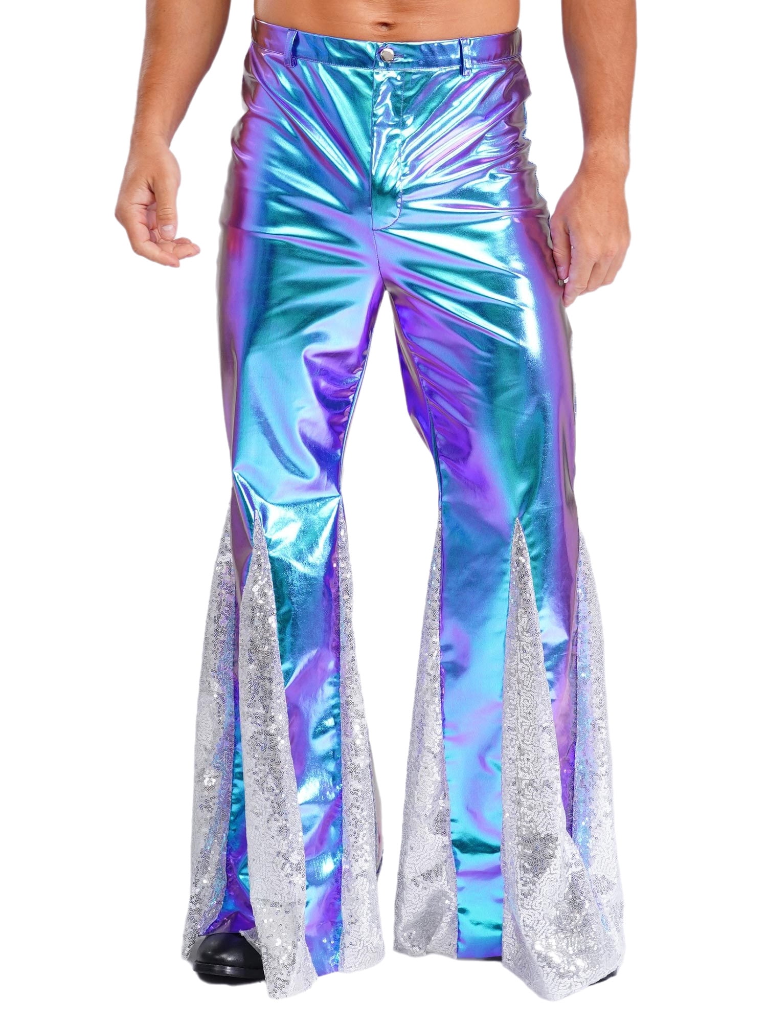Nyeemya Men's Shiny Metallic Disco Pants 70s Vintage Hippie Trousers ...