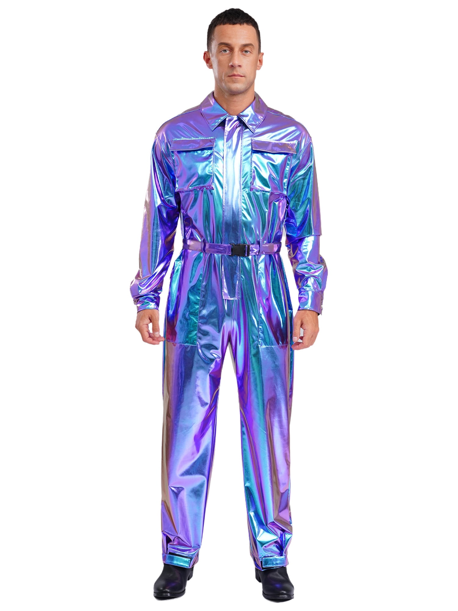 Nyeemya Men's Shiny Metallic Overalls Mechanic Suit Space Man Work ...