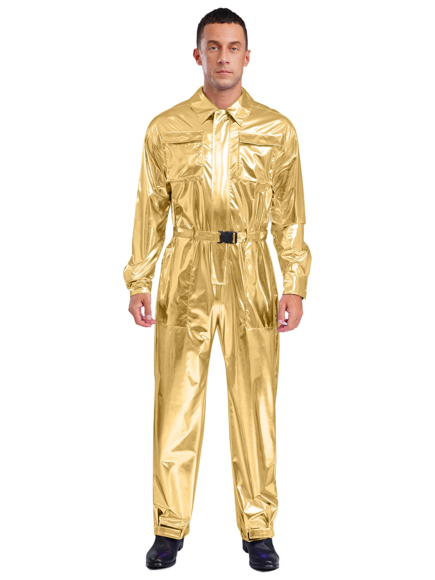 Nyeemya Men's Shiny Metallic Overalls Mechanic Suit Space Man Work ...