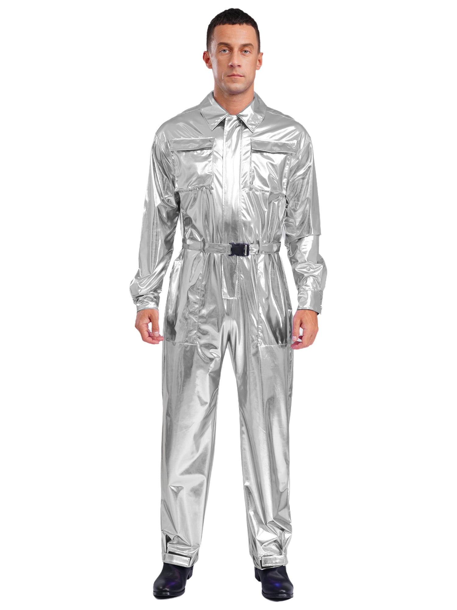 Nyeemya Men's Shiny Metallic Overalls Mechanic Suit Space Man Work ...