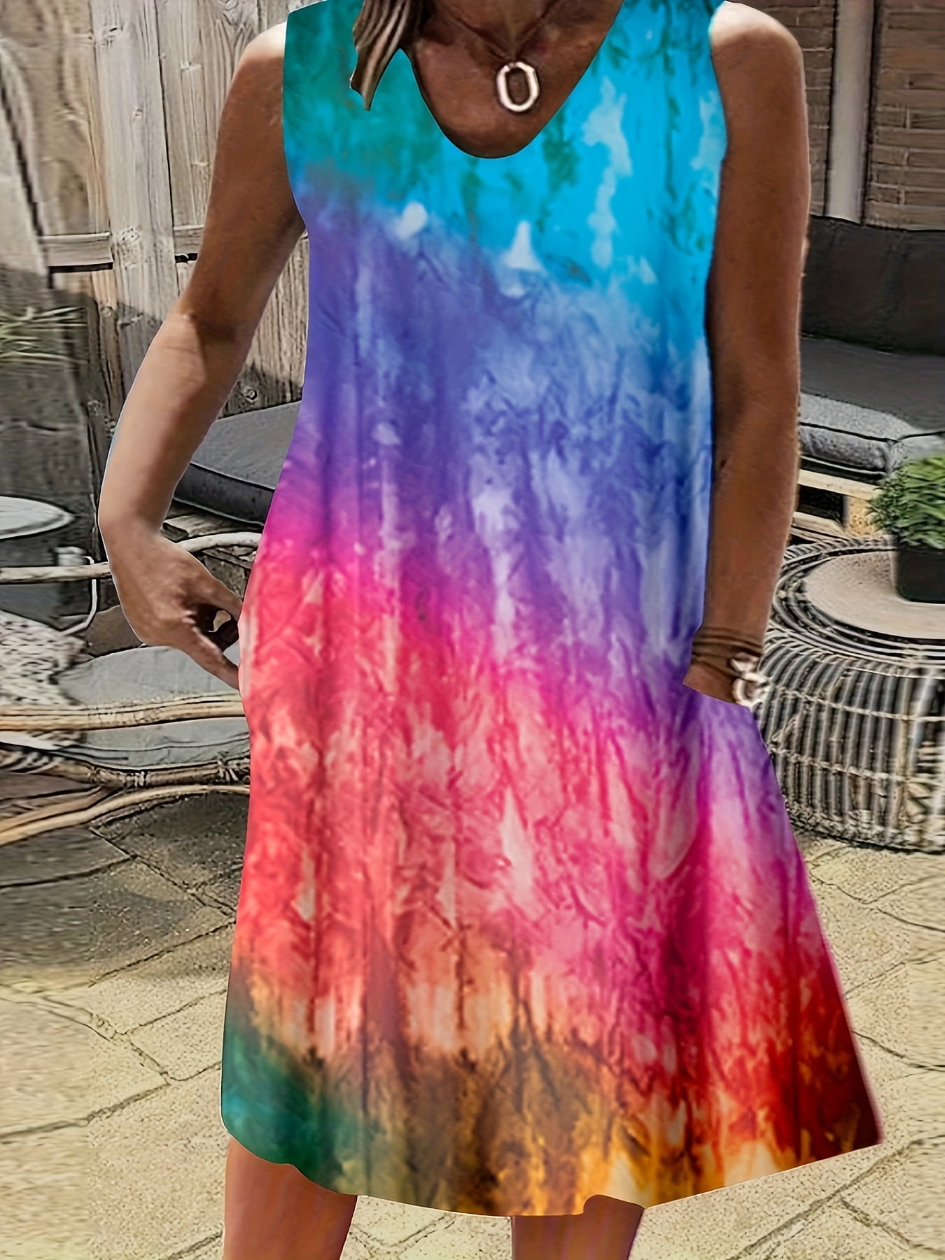 Nyfairy Plus Size Women Tie Dye Floral Print Sleeveless Casual A-Line ...