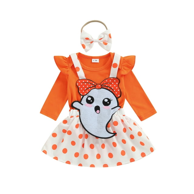 Nygoyerh Baby Girls Halloween Skirt Set Cute Playwear Long Sleeve Romper Ghost Suspender Skirt ...