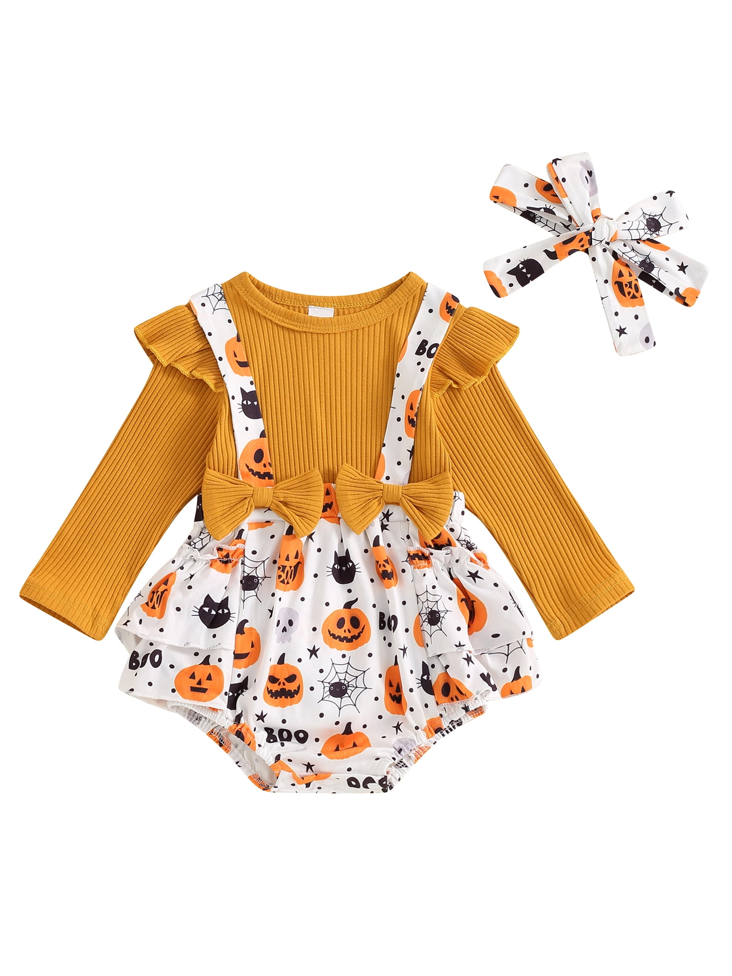 Nygoyerh Newborn Baby Girls Halloween Romper Cute Long Sleeve Pumpkin Embroidery Ruffle Jumpsuit ...