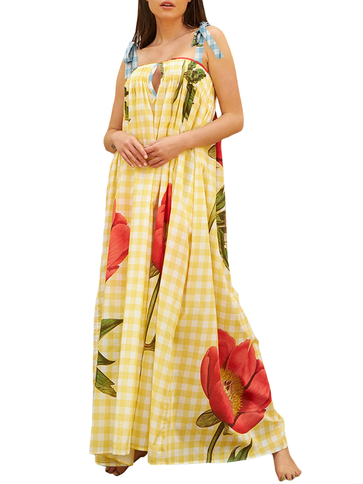 Nygoyerh Women's Long Dress Floral Plaid Print Dresses Lacing Strap ...