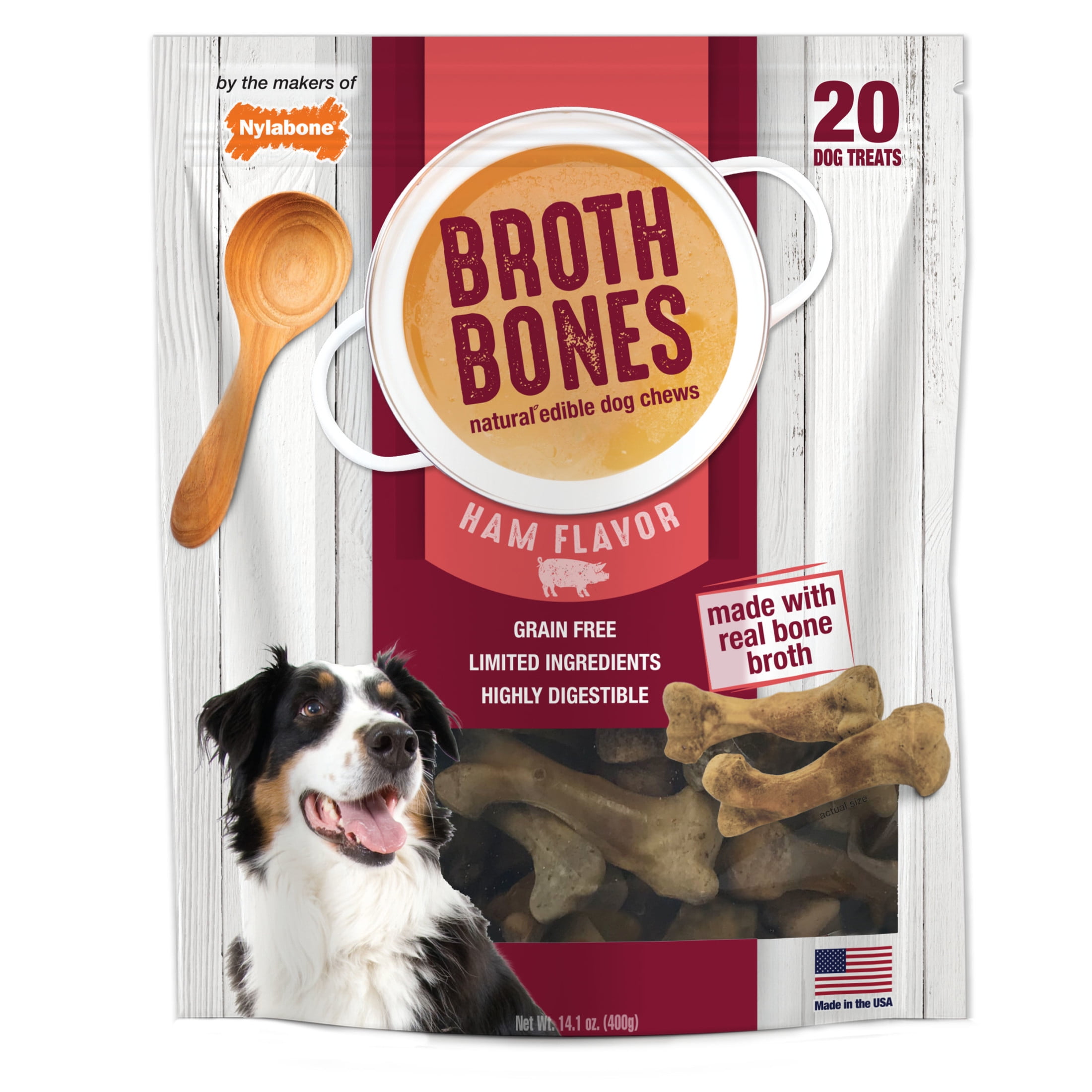 Nylabone Broth Bones Natural Dog Chew Treats Ham Small (20 Count ...