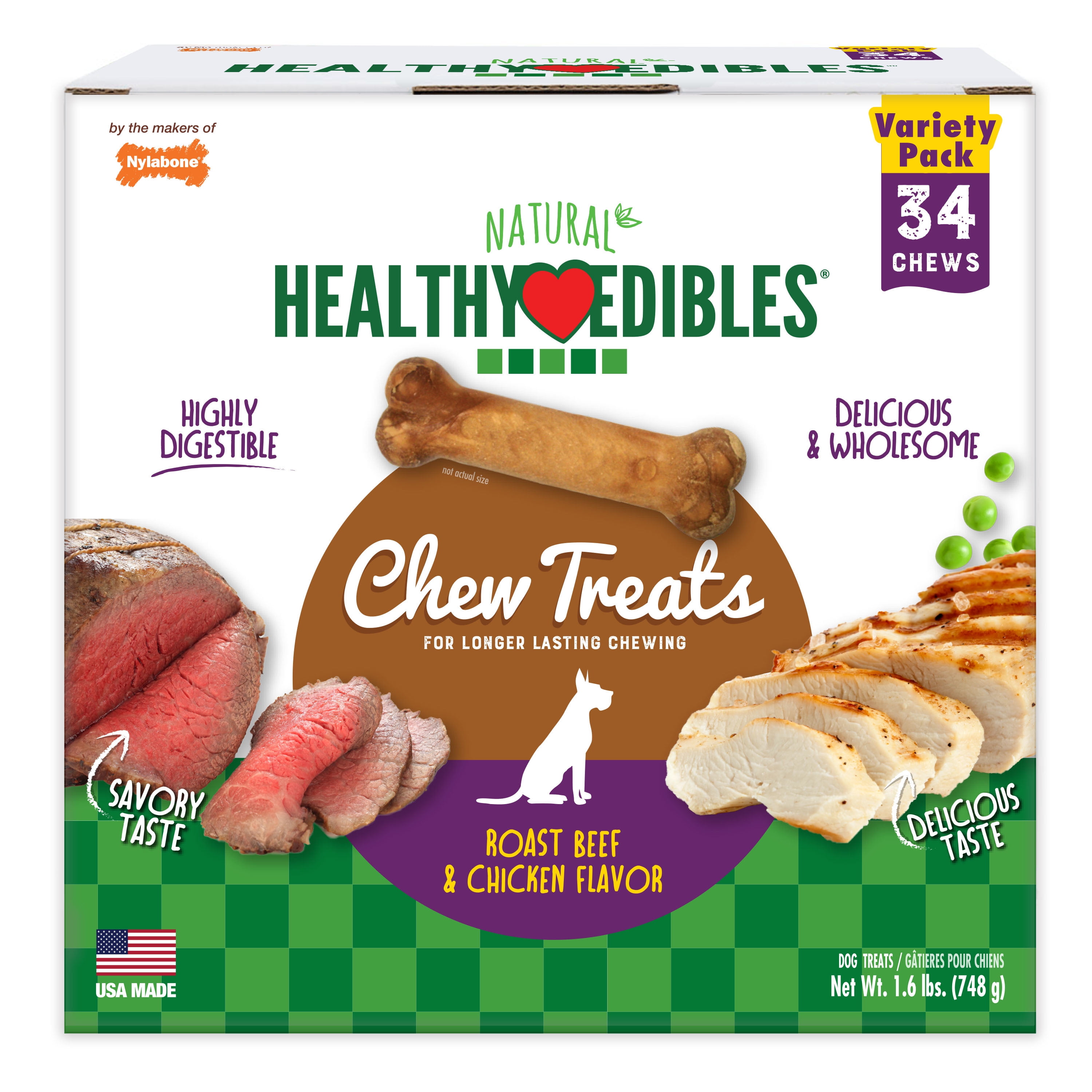 Nylabone Healthy Edibles Dog Chews, Roast Beef and Chicken, 34 Count ...