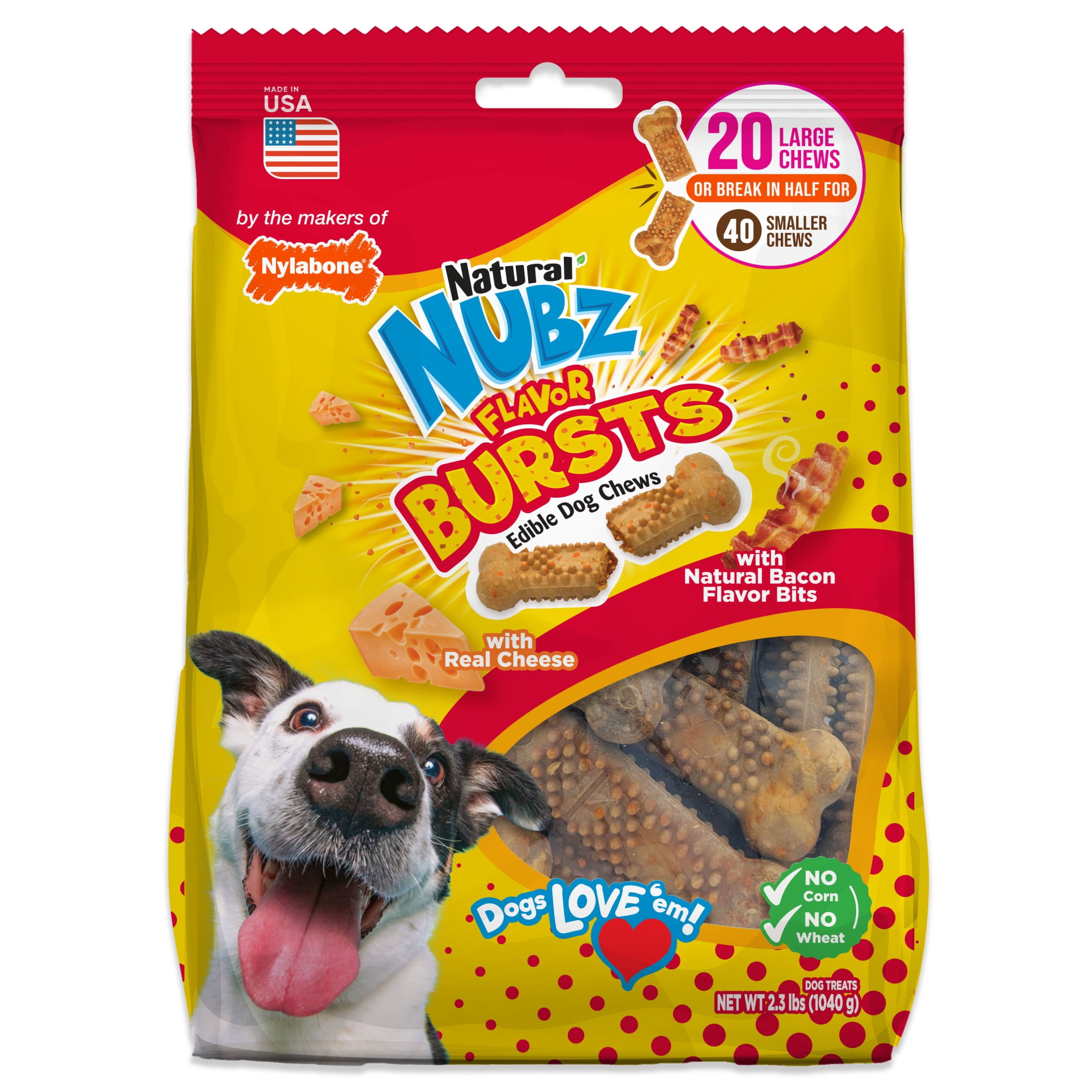Nylabone Nubz Flavor Bursts Natural Dog Treats for Large Dogs, Bacon ...