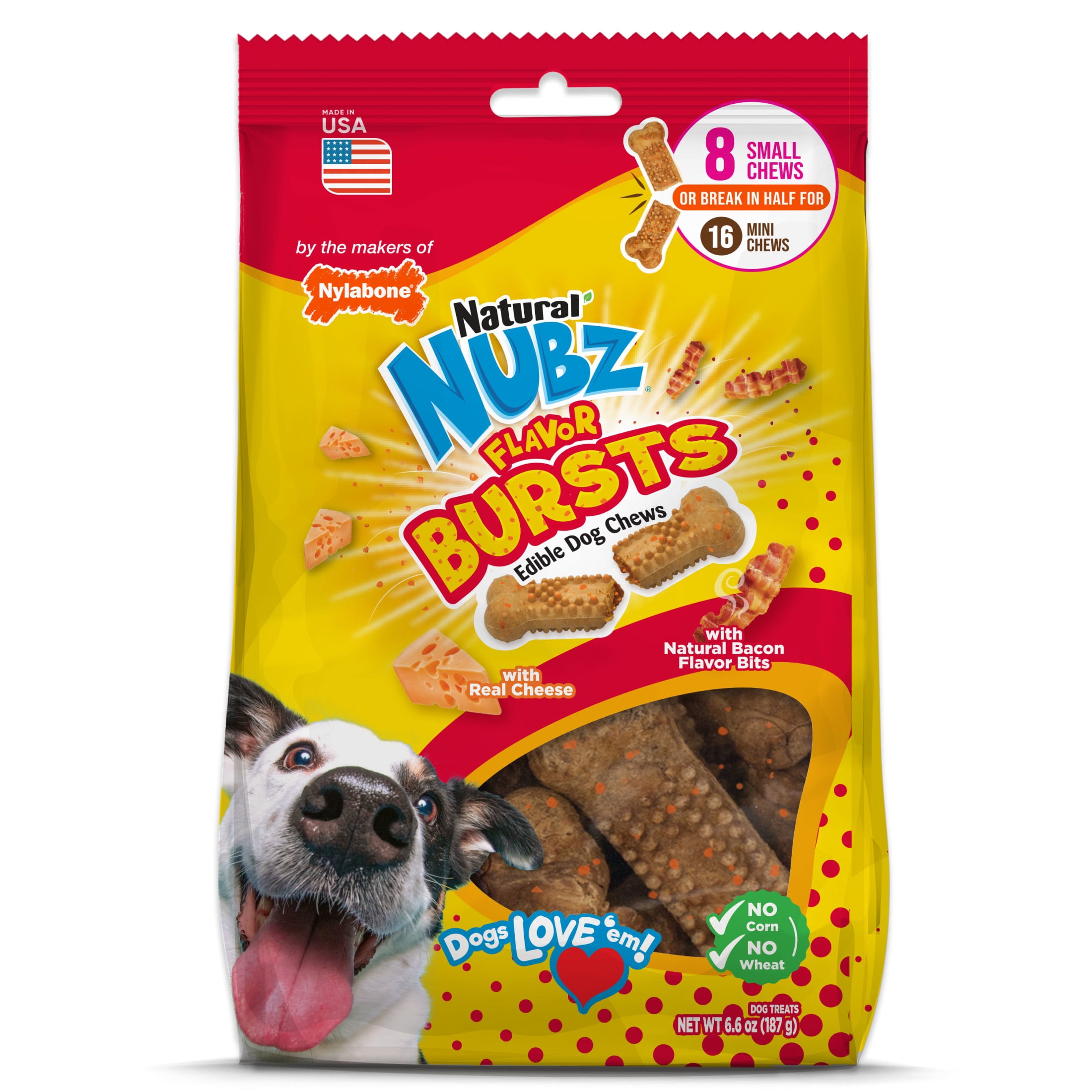 Nylabone Nubz Flavor Bursts Natural Dog Chew Treats Bacon & Cheese ...