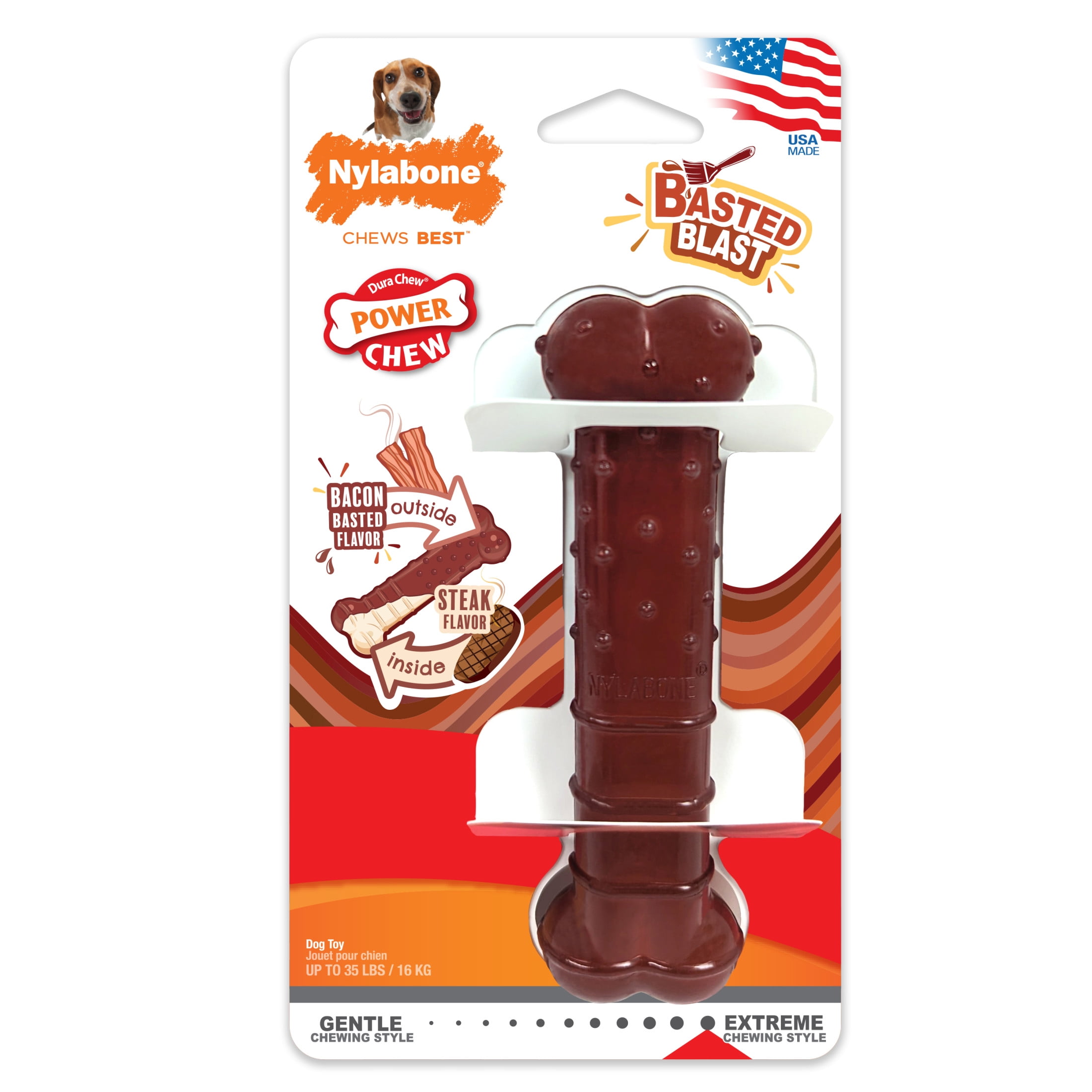 Nylabone Power Chew Basted Blast Textured Bone Chew Toy Bacon Steak ...