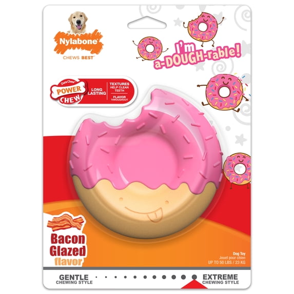 Nylabone Power Chew Donut Dog Toy Bacon Glazed Large for Aggressive ...