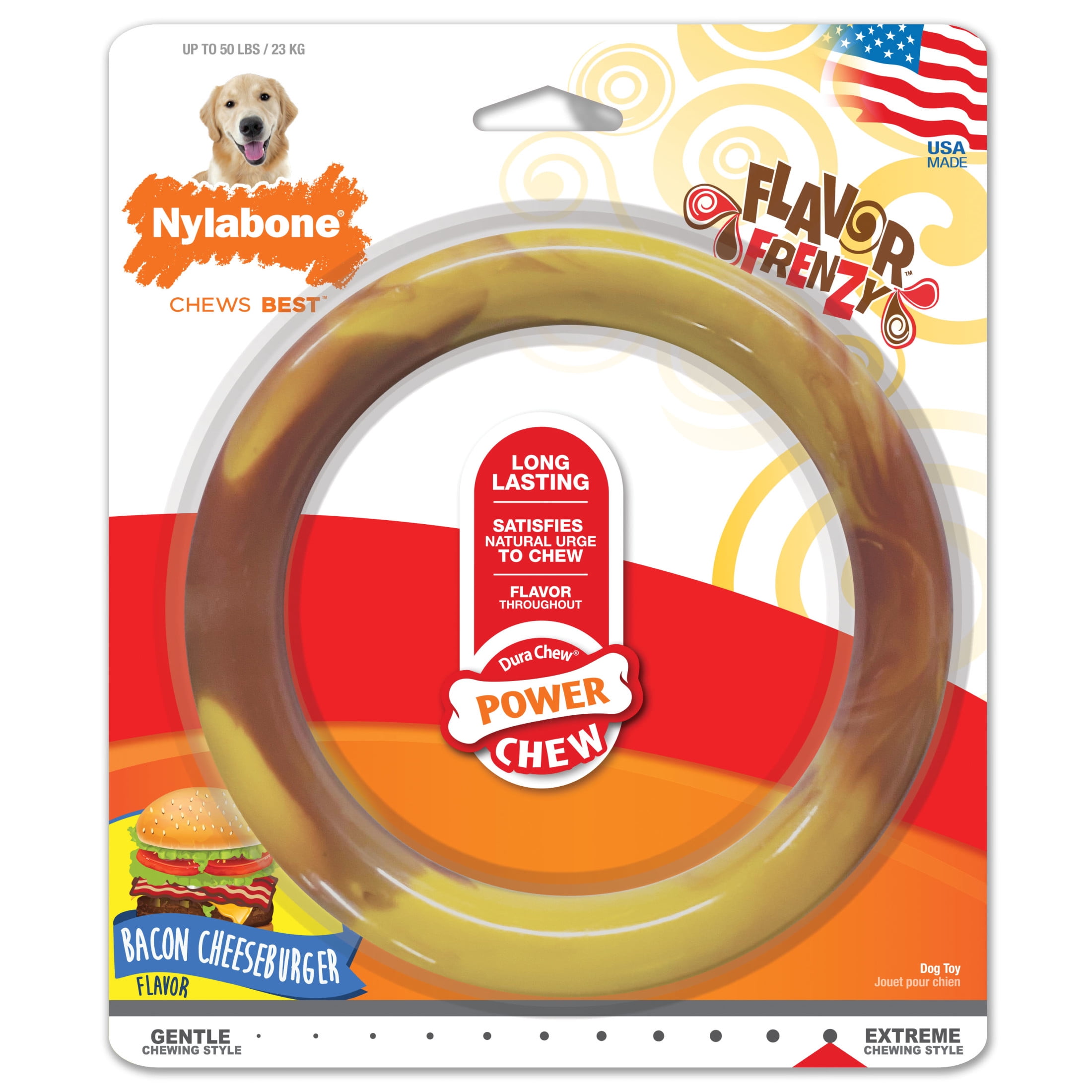 Nylabone, Dog Chew Toy, Power Chew Ring, Large Bacon Cheeseburger ...