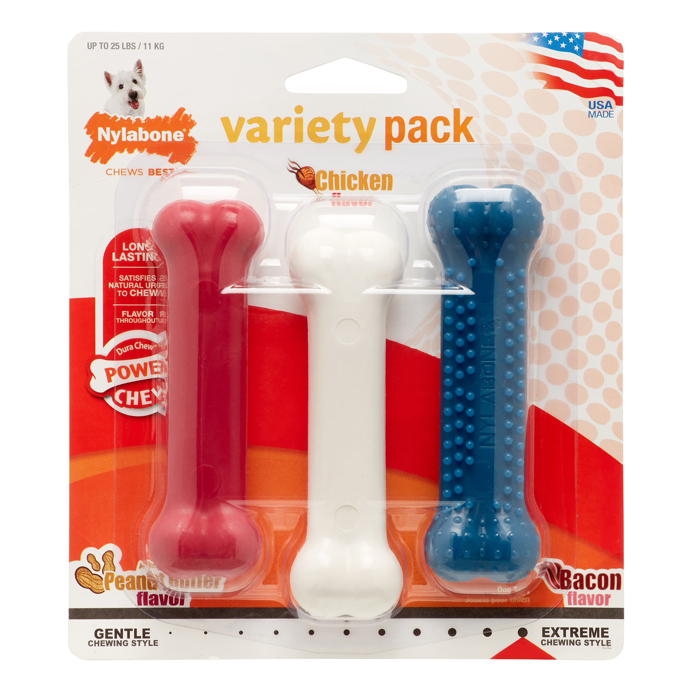 Nylabone Power Chew Variety Triple Pack Chicken, Bacon & Peanut Butter ...