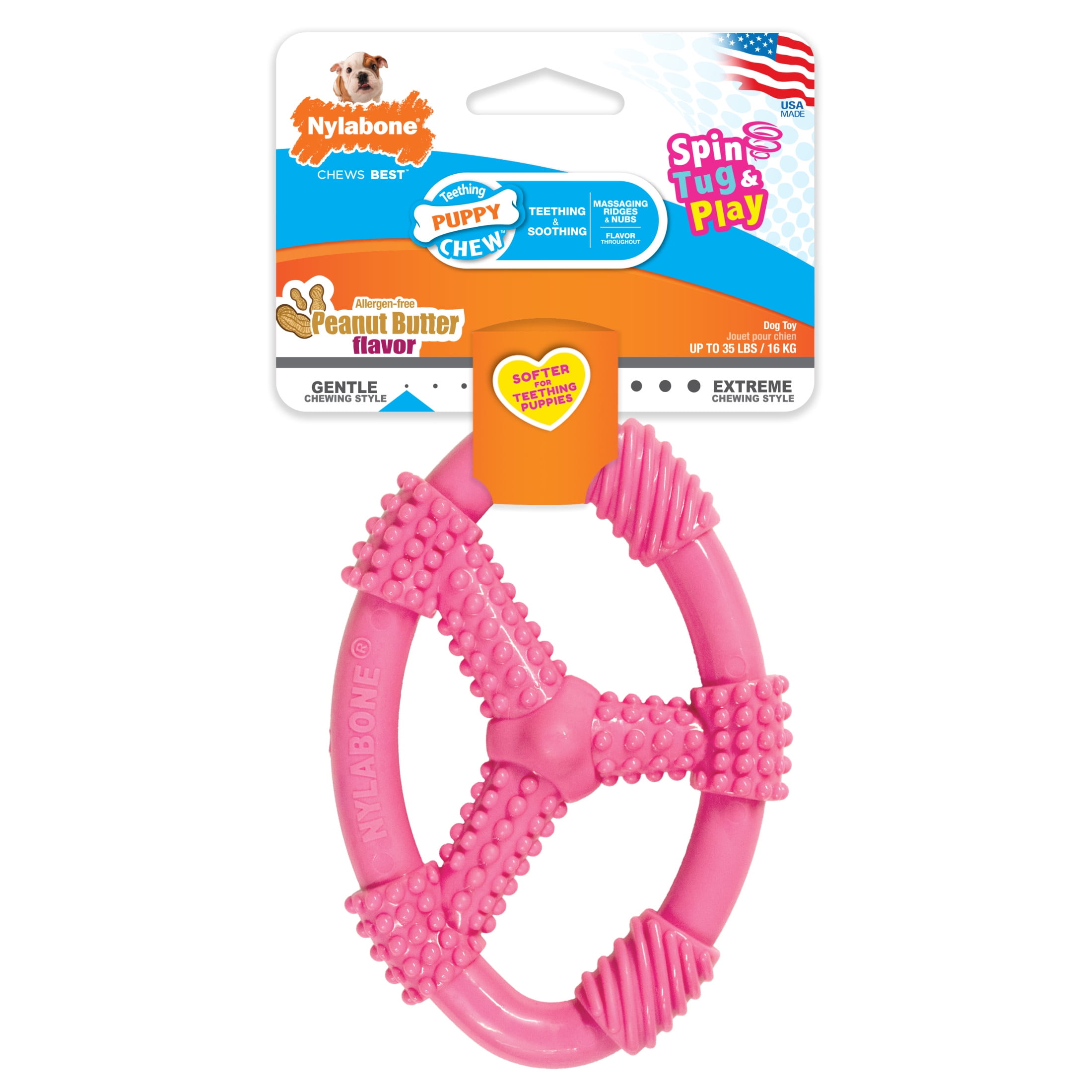 Nylabone Puppy Chew Spin Tug & Play Dog Play Toy Peanut Butter Pink ...