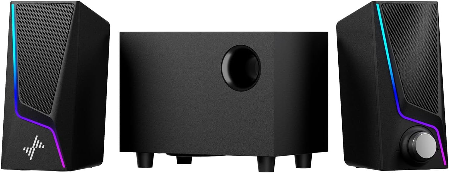 Nylavee 2.1 Hi-Fi Computer Speakers with Subwoofer, 6 RGB Lighting Modes, Enhanced Bass, USB/USB ...