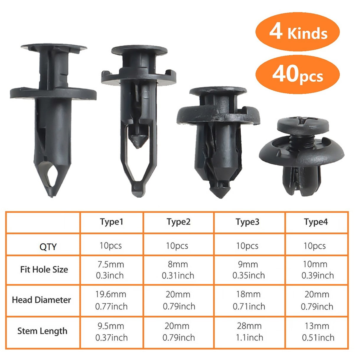 Nylon Clips Push Type Rivet Retainer Fastener Bumper Pins (4-Kinds ...