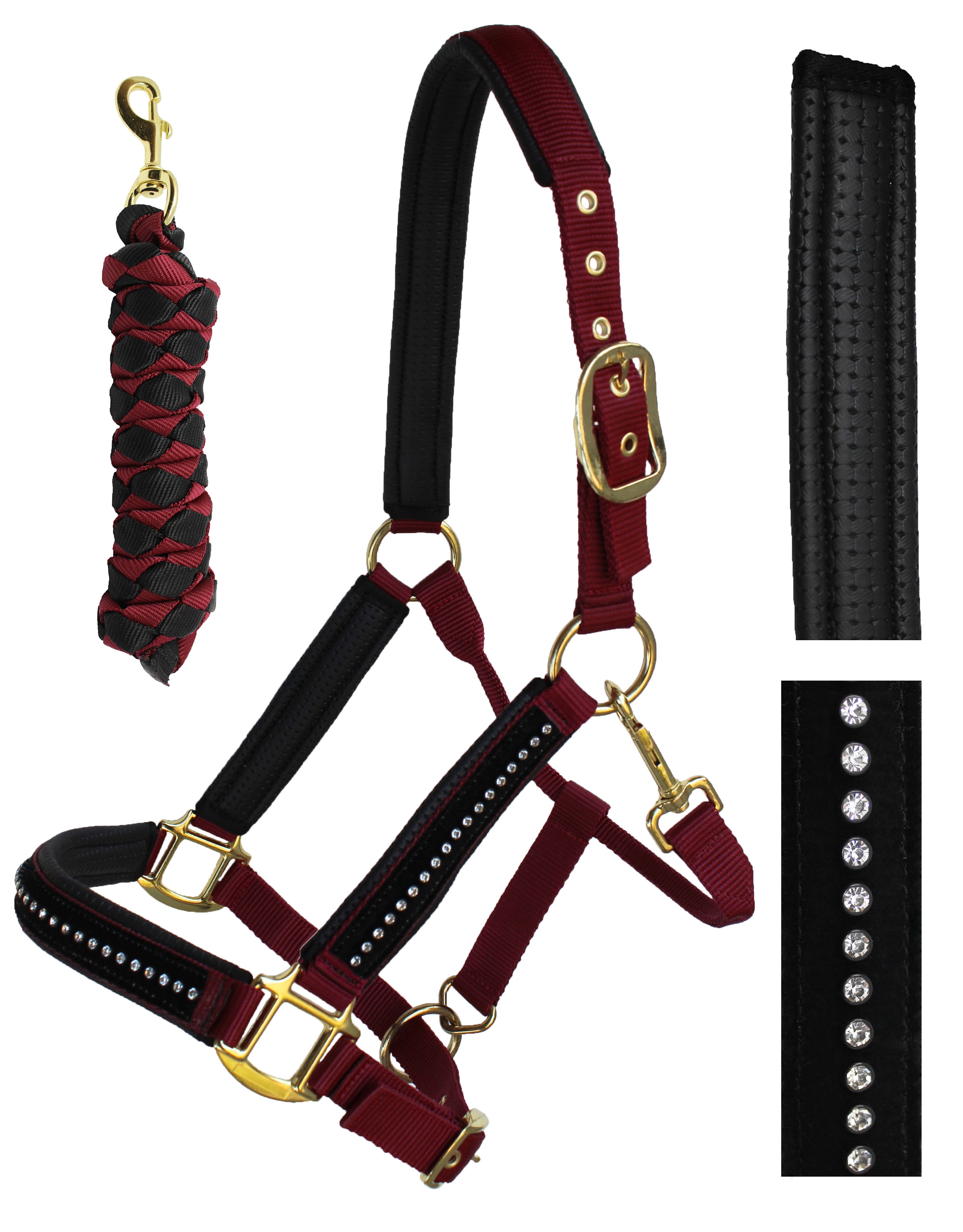 Nylon Horse Neoprene Padded Burgundy Nylon Halter Lead Hardware Stones ...