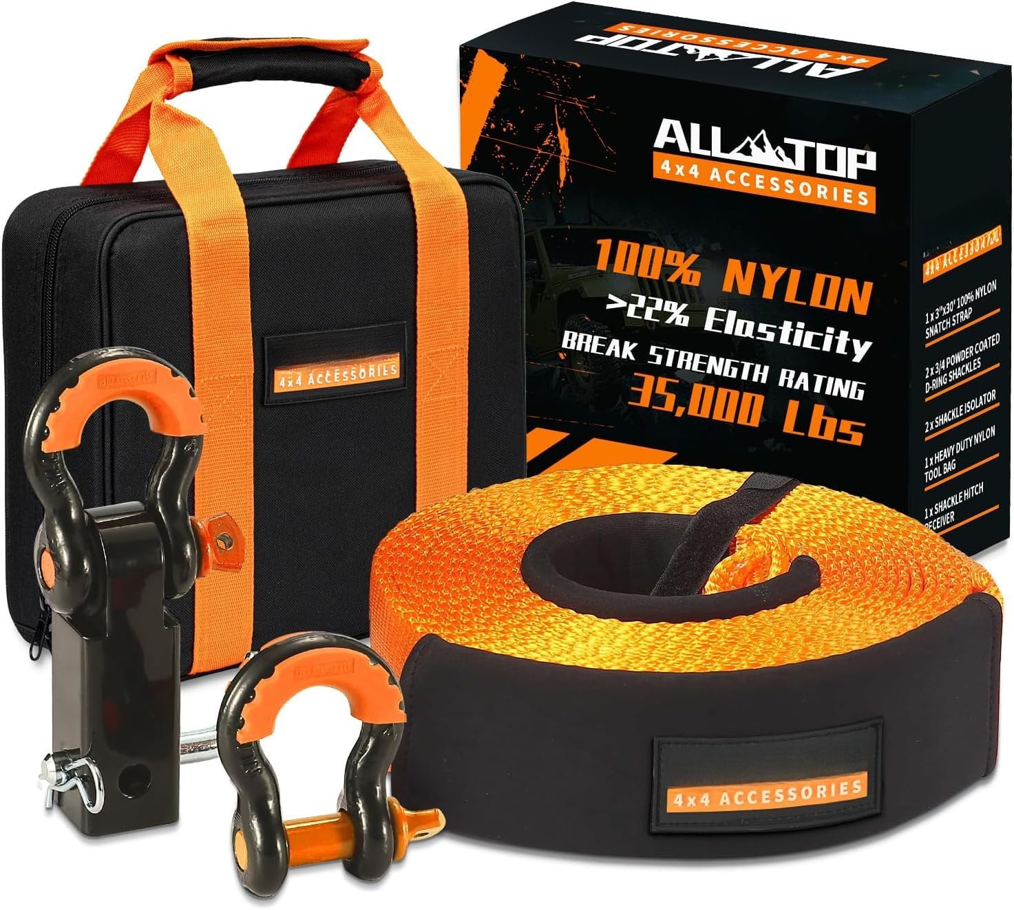 Nylon Kit with Hitch Receiver: 3" x 30' (35,000lbs) Nylon Snatch Strap ...