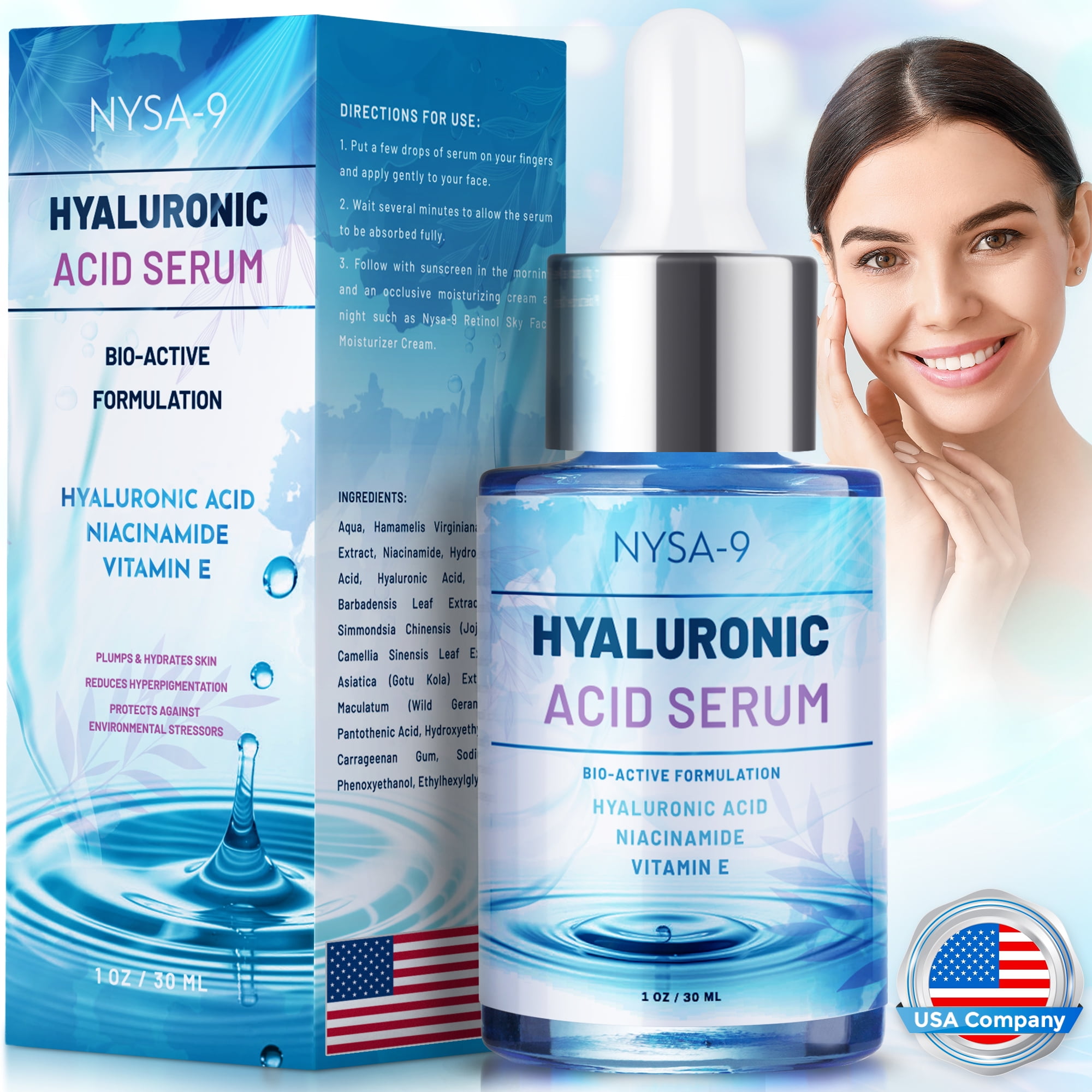 Nysa-9 Hyaluronic Acid Face Serum w/ Vitamin E + Niacinamide, 1 oz ...