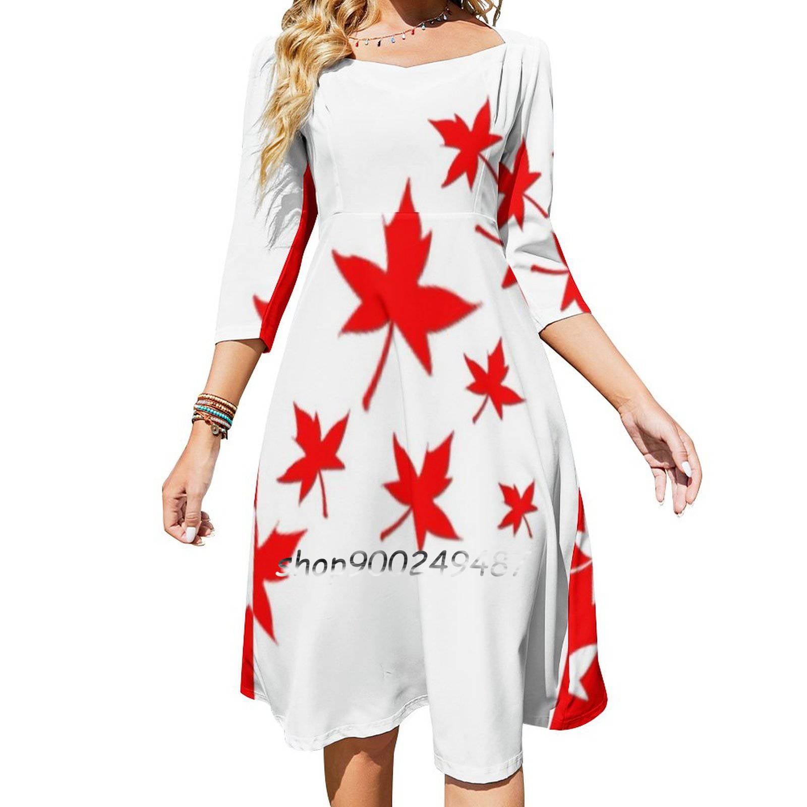 O Canada Sweet Elegant Dress Women Korean Kawaii Square Collar Dress Canada Ocanada Flag Red ...
