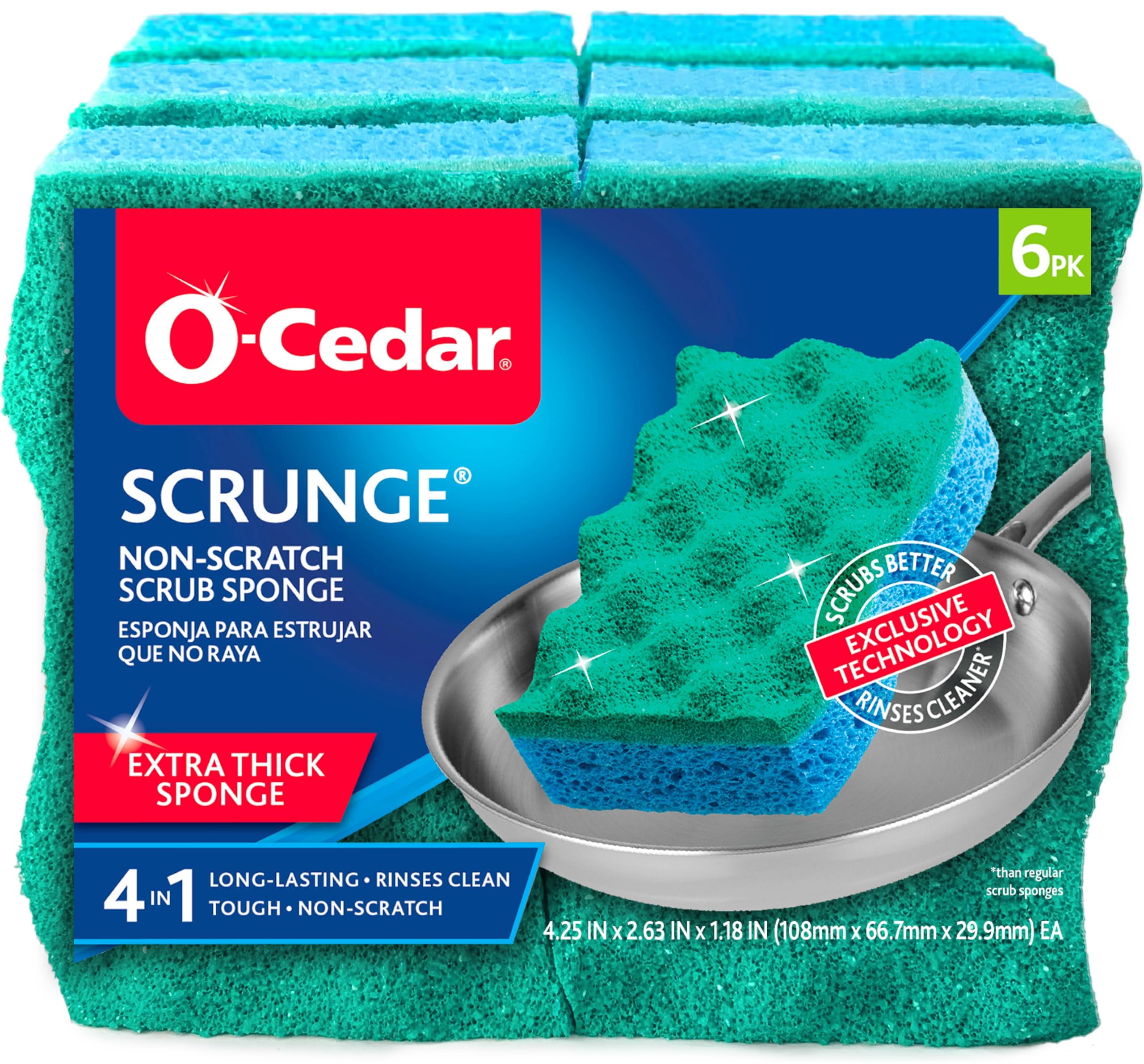 O-Cedar Scrunge Non-Scratch Scrub CCF19 Sponge (Pack of 6) Multi-Use ...