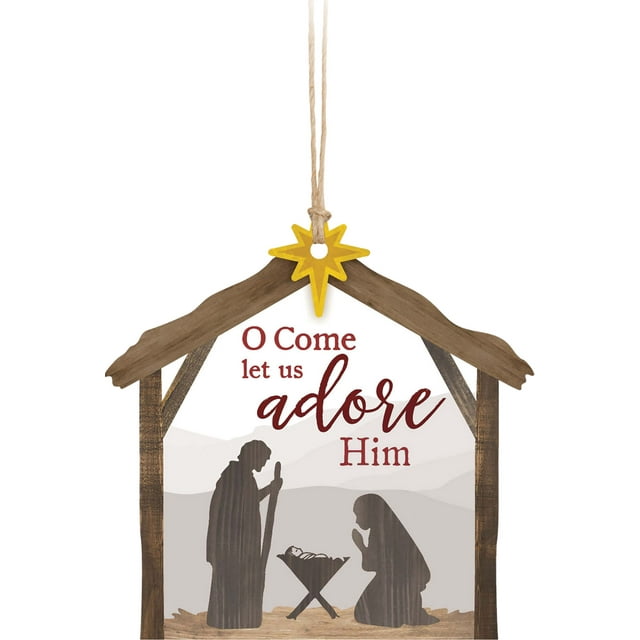O Come Let Us Adore Him Nativity Brown 3.1 x 3 Wood Christmas Ornament ...