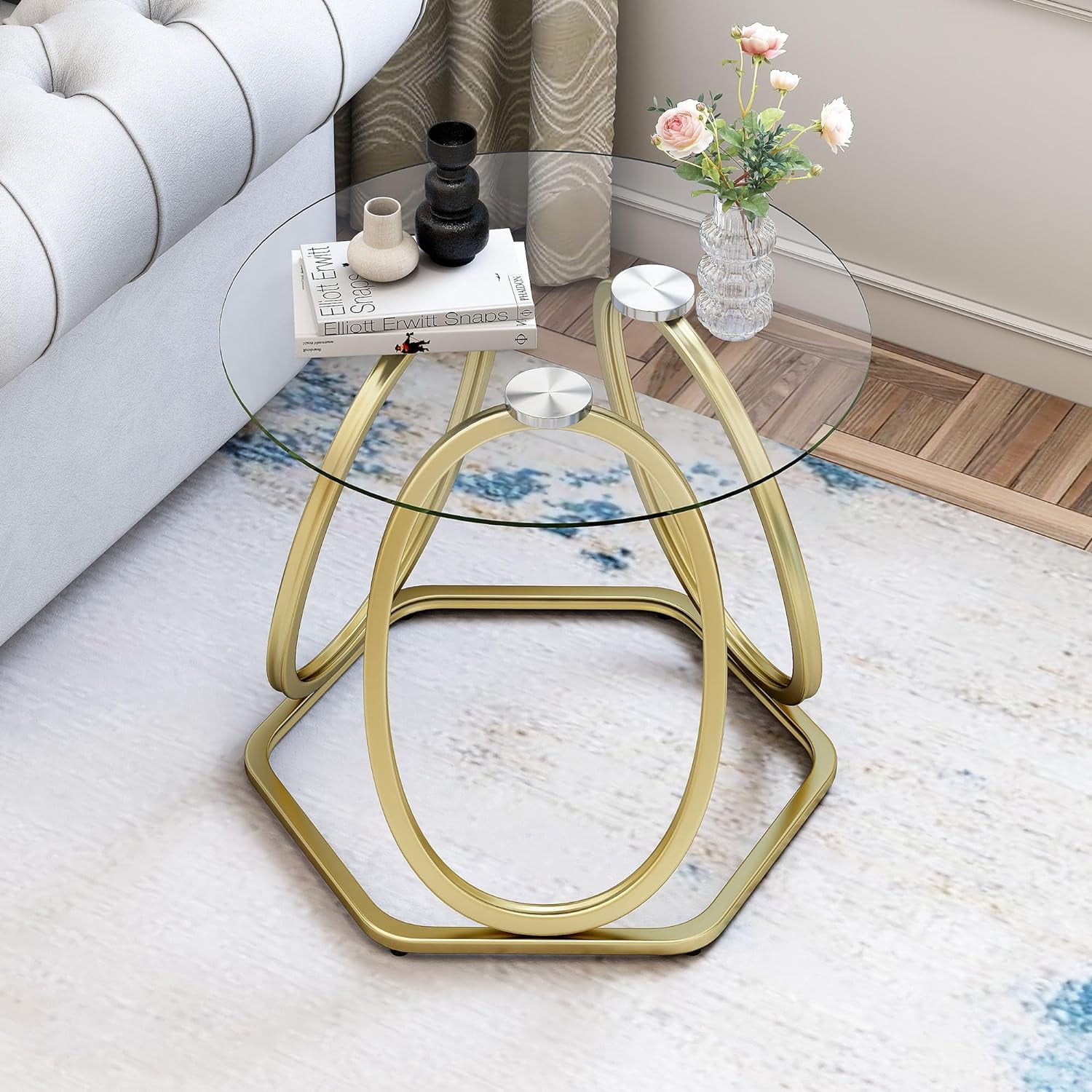 O&K FURNITURE Gold End Table, Modern Round Glass End Table Living Room ...