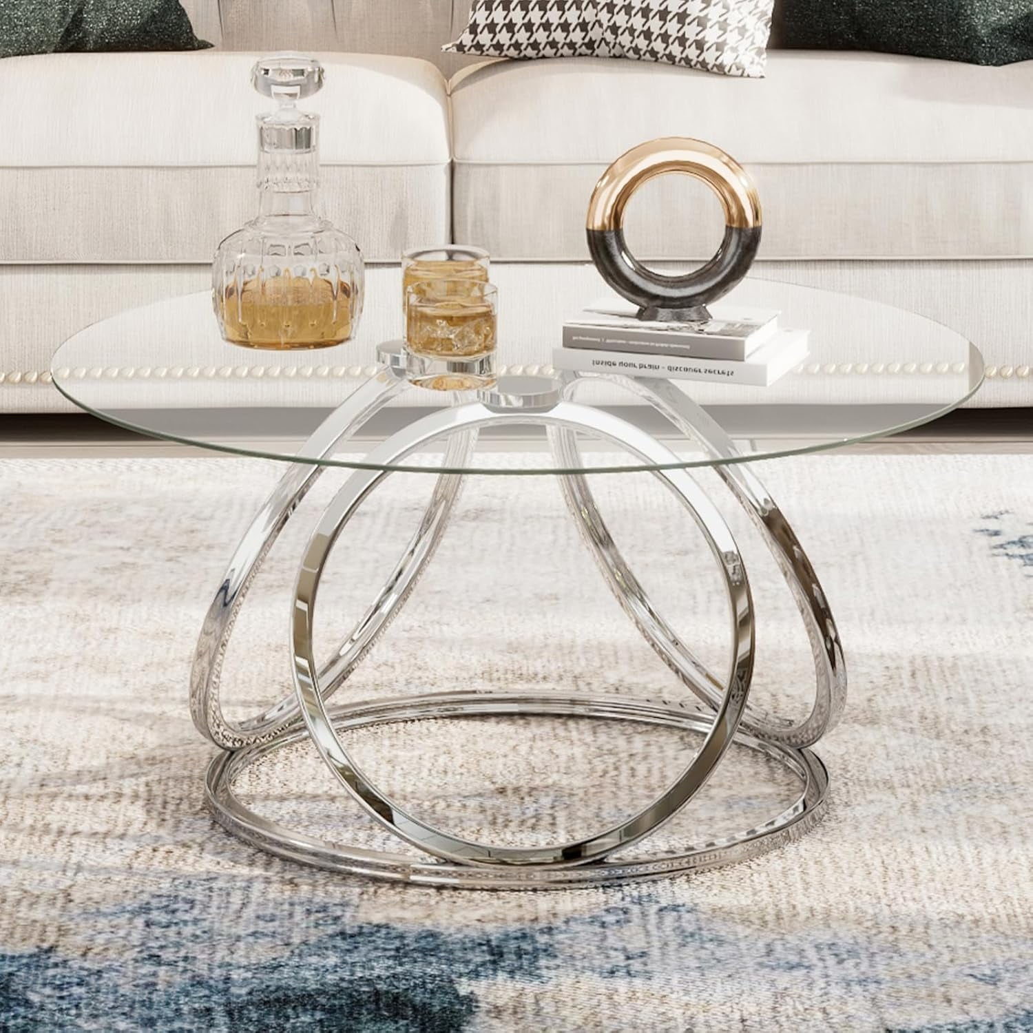 O&K FURNITURE Silver Coffee Table, Modern Glass Coffee Table Living ...